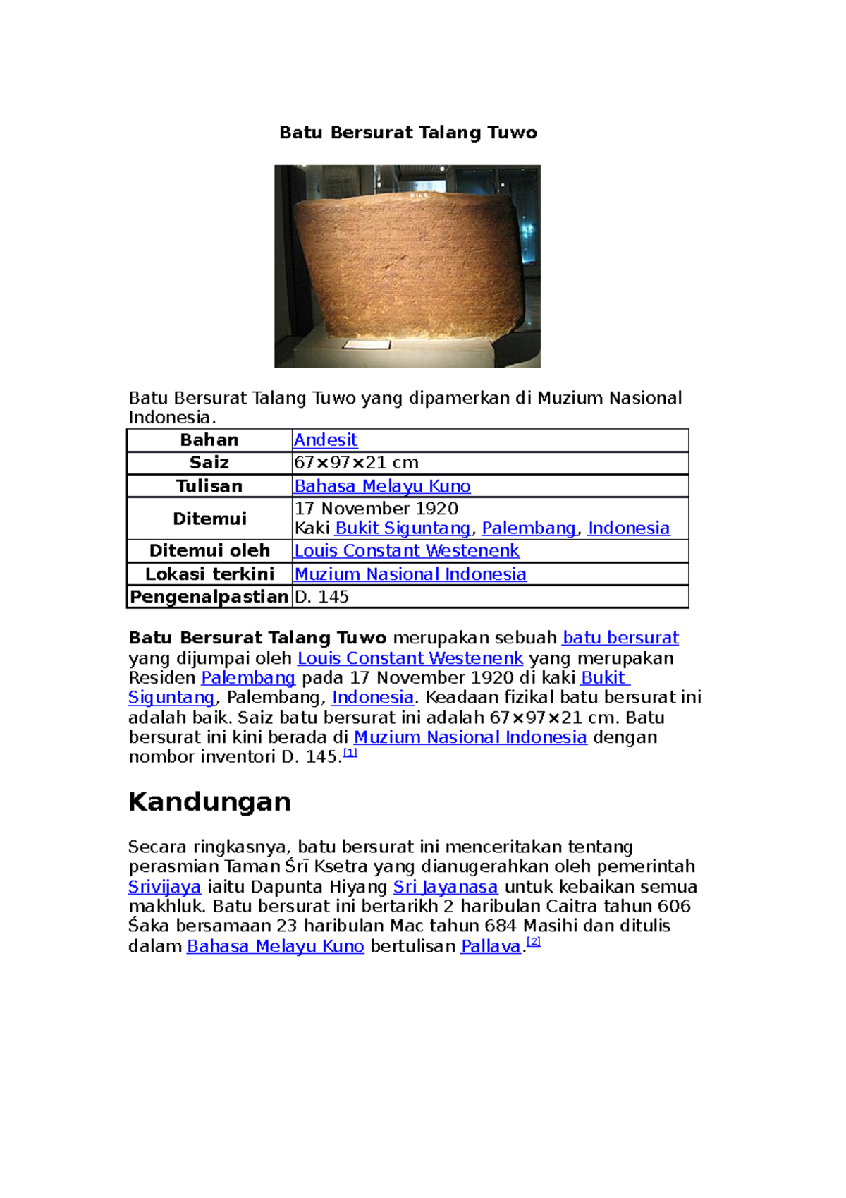 Batu Bersurat Talang Tuwo - Bahan Andesit Saiz 67×97×21 cm Tulisan ...