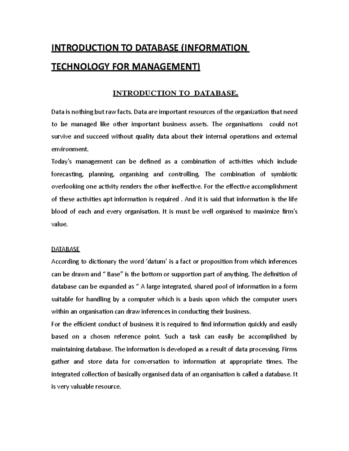 Introduction TO Database ( Information Technology FOR Management ...