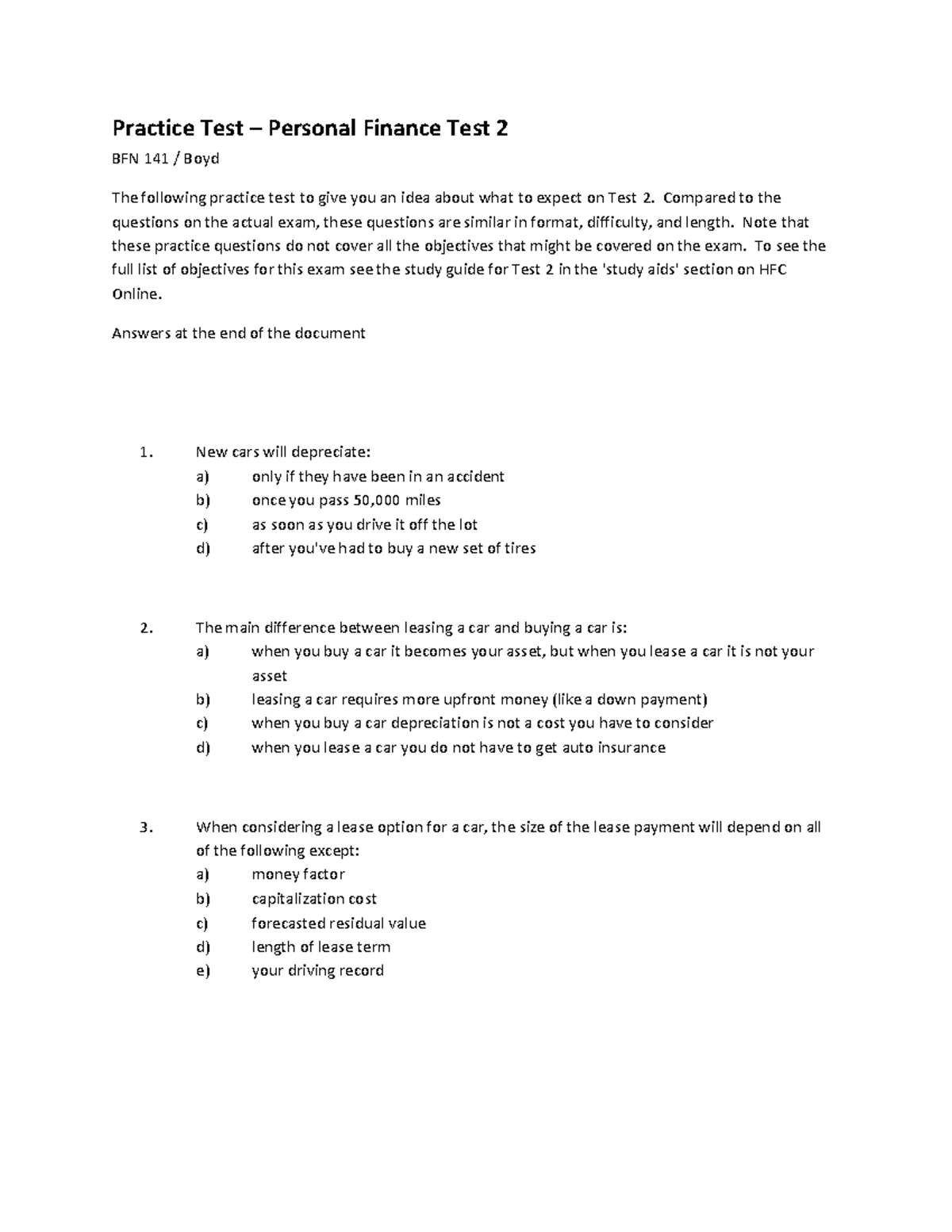 Personal finance practice test 2 ch 3 5 6 - Practice Test – Personal ...