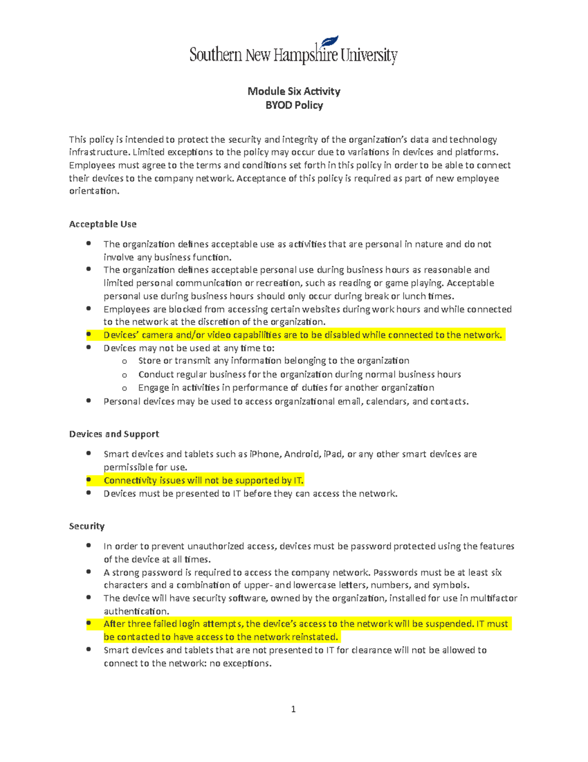 CYB 250 Module Six Activity - Module Six Activity BYOD Policy This ...