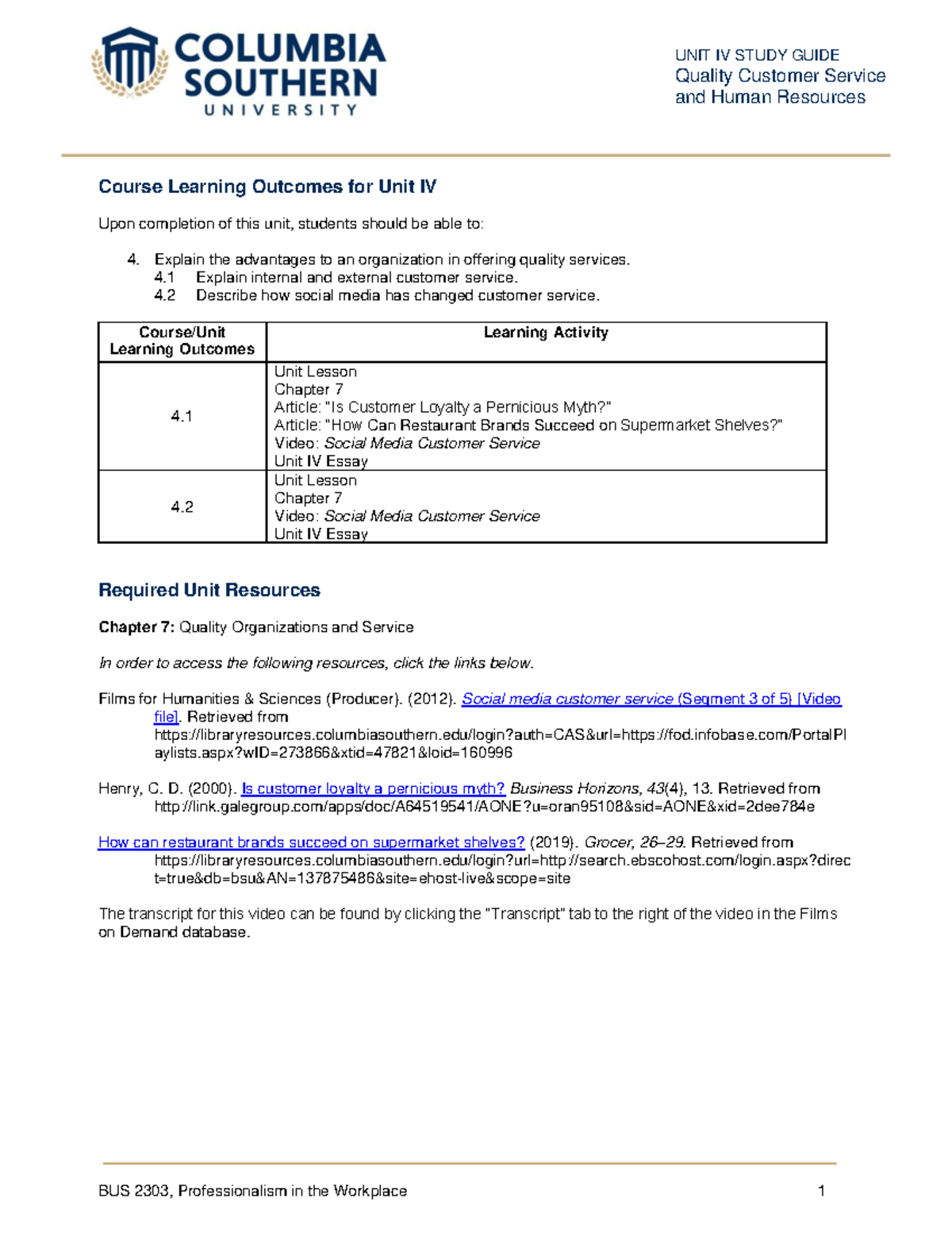 BUS 2303 UNIT 4 Study Guide - Course Learning Outcomes for Unit IV Upon ...