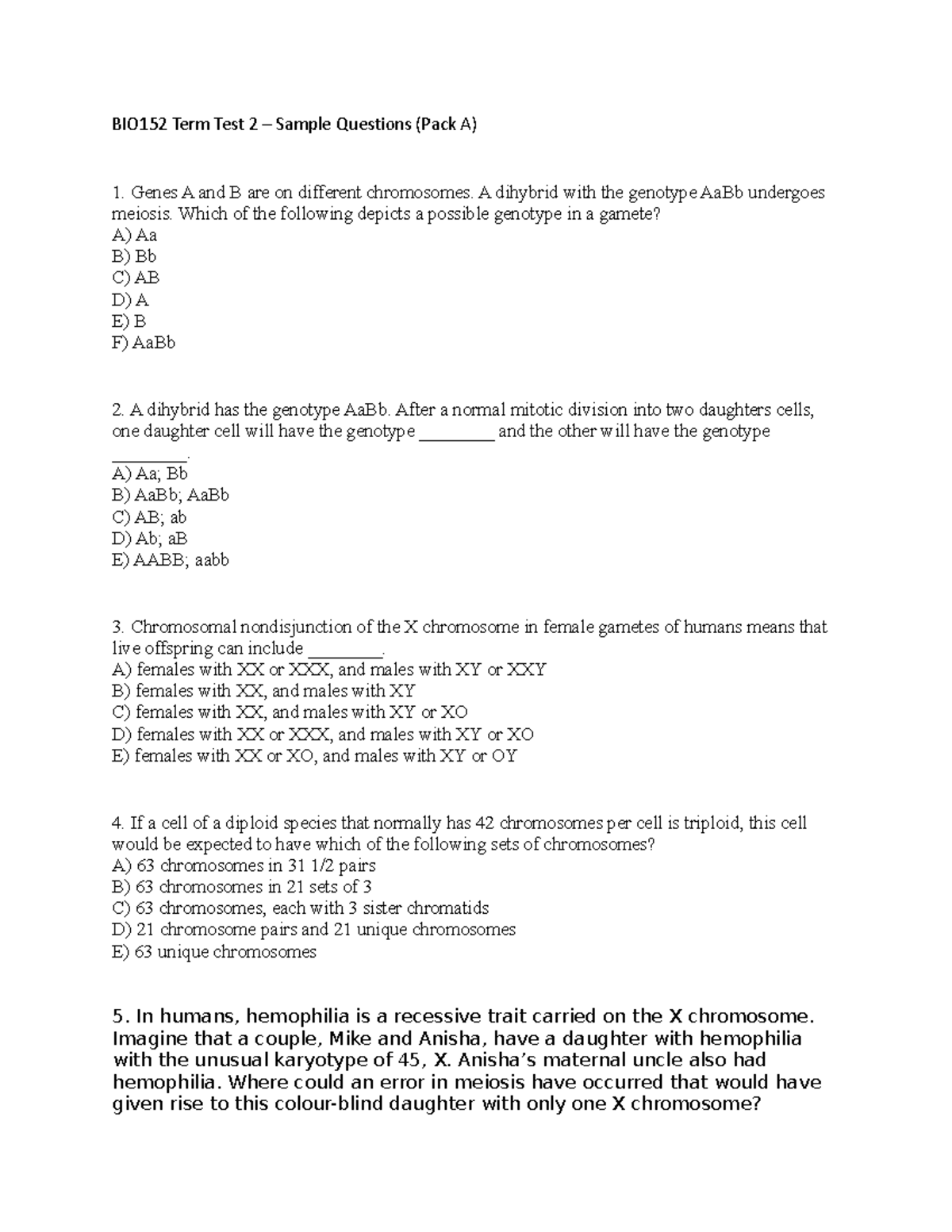 TT2 Sample Questions - Pack A - BIO152 Term Test 2 – Sample Questions ...