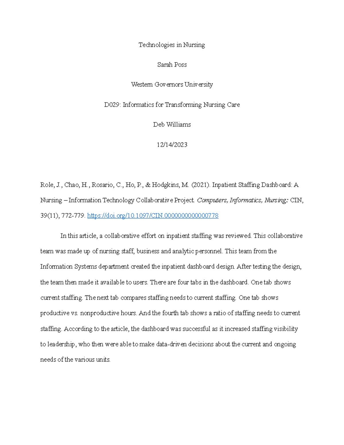D029 annotated biblio - Technologies in Nursing Sarah Poss Western ...