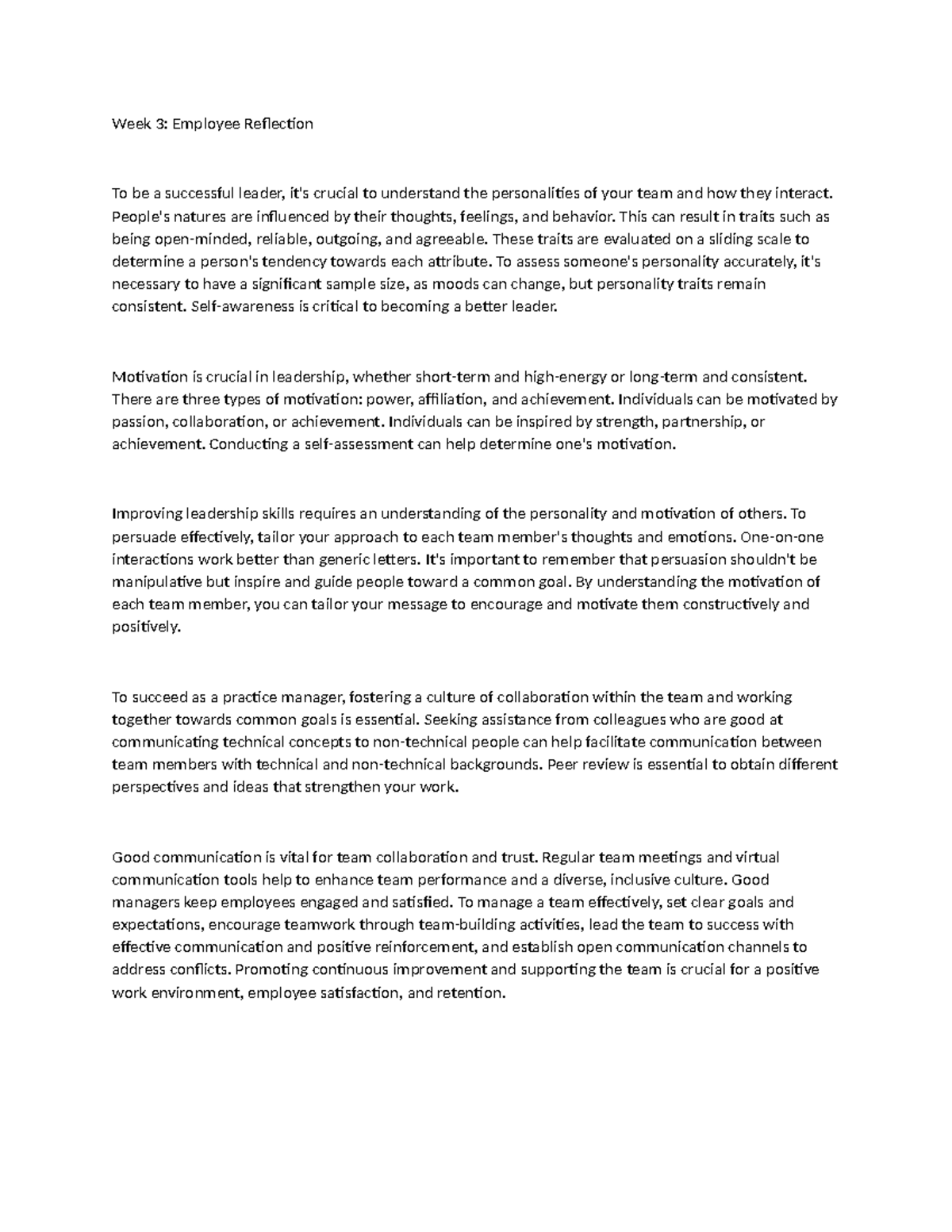 Wk 3 Employee Reflection - Week 3: Employee Reflection To be a ...