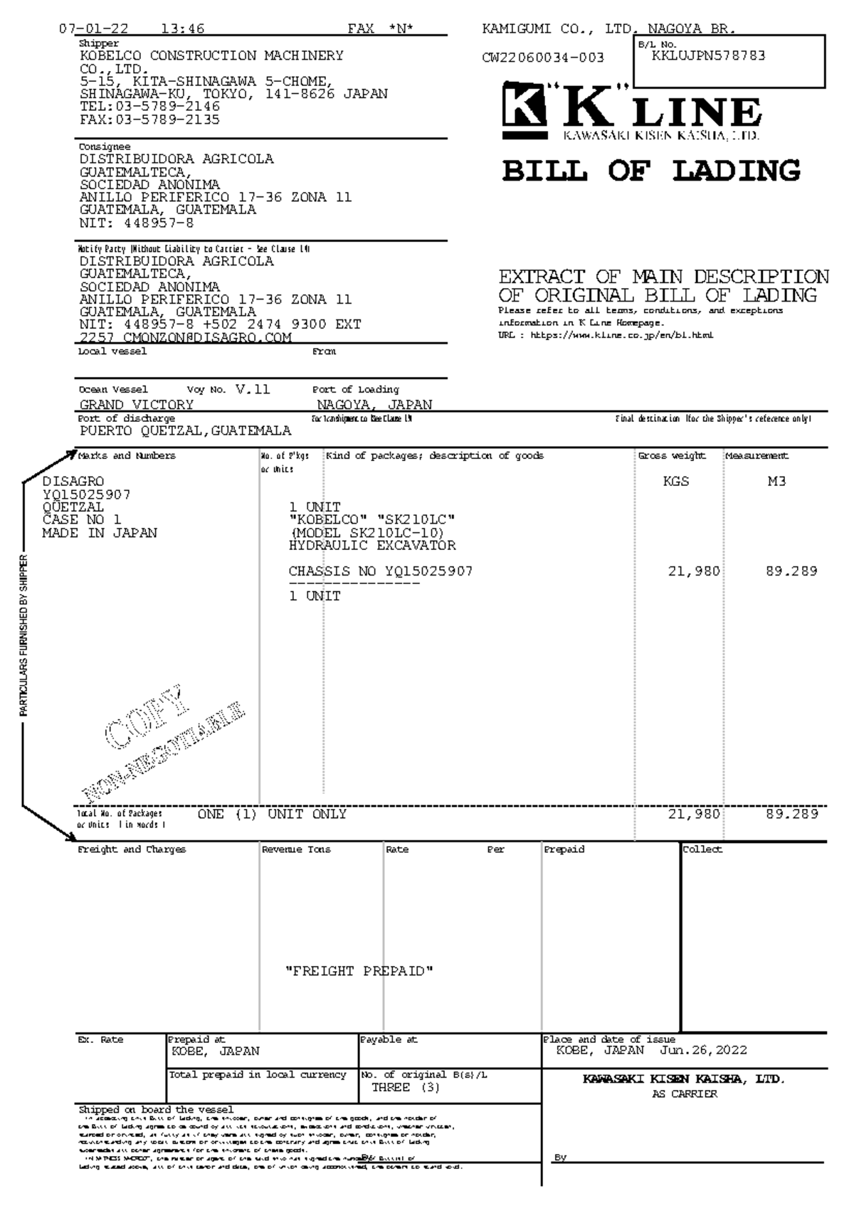 Grand Victory Disagro BL - Shipper Consignee Ocean Vessel Voy No. Port ...