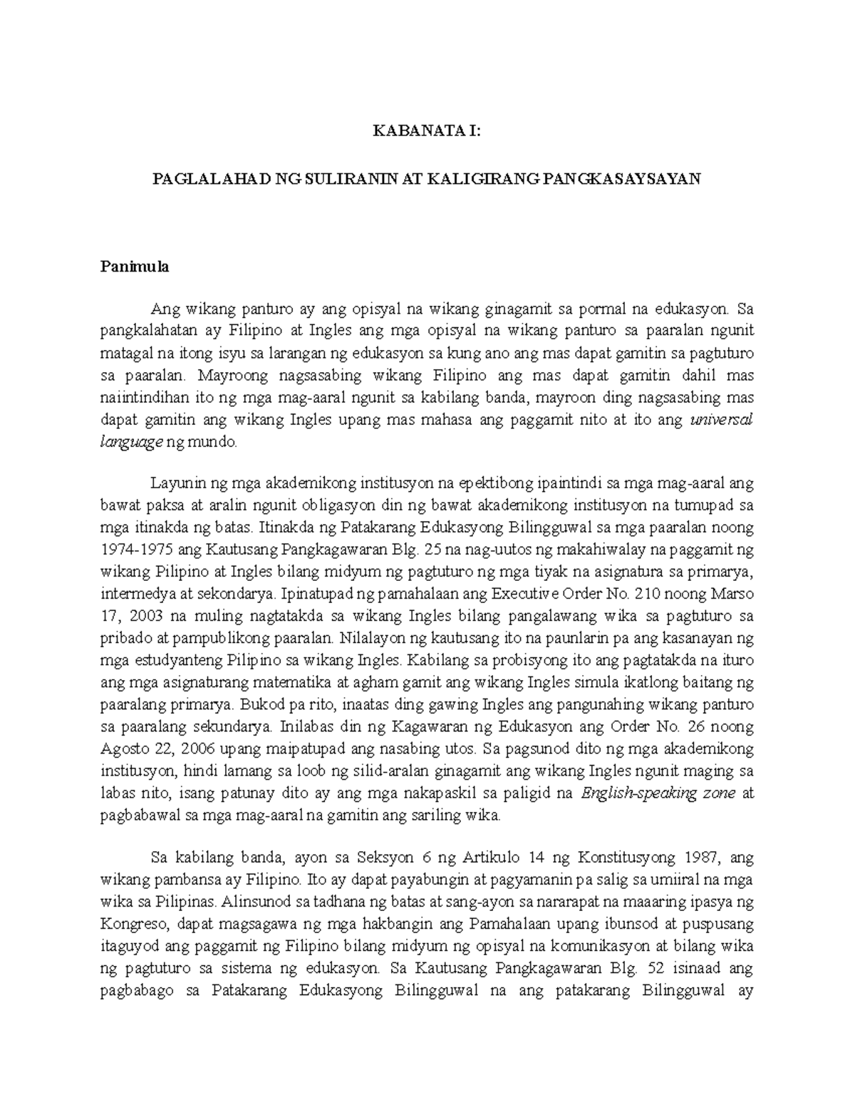 Filipino - ……. - KABANATA I: PAGLALAHAD NG SULIRANIN AT KALIGIRANG ...