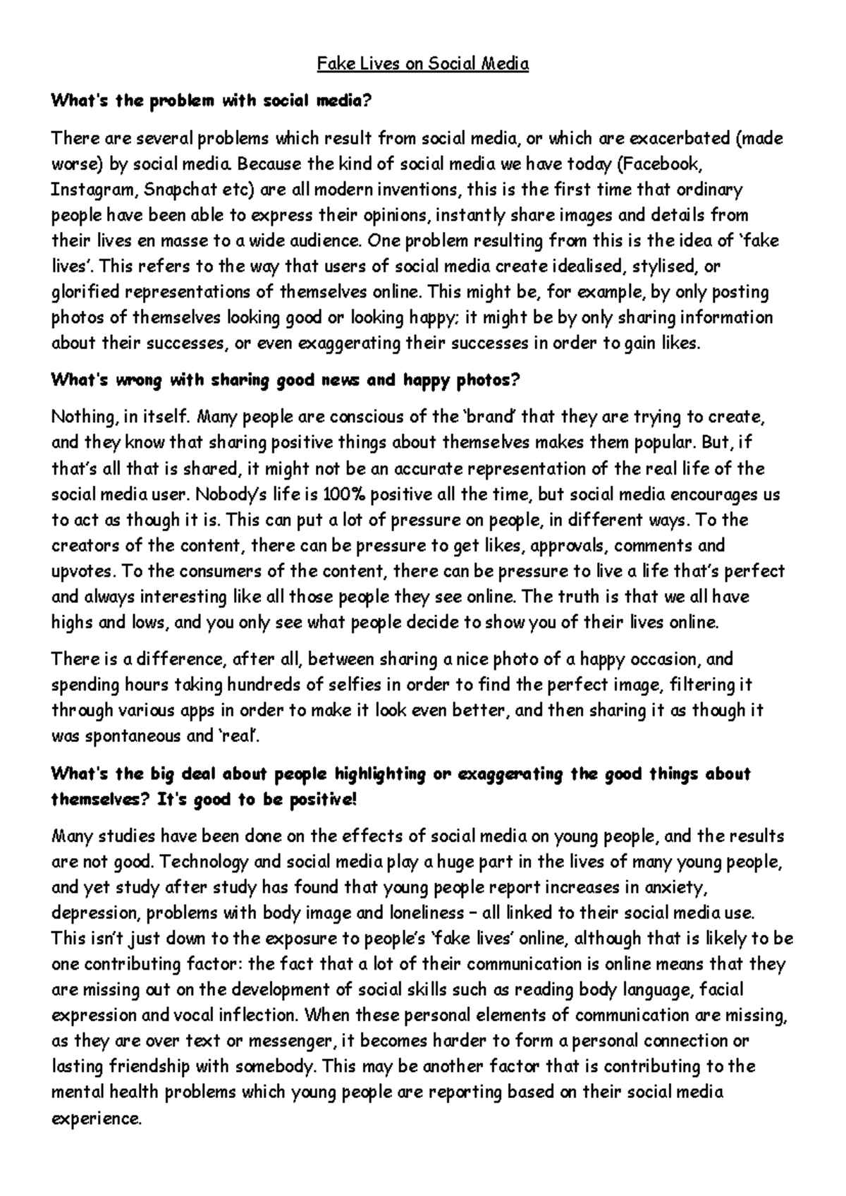 Lesson 6 - Keeping up with other people. - Fake Lives on Social Media ...