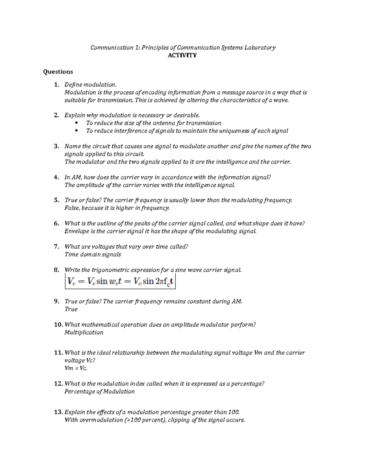 Communication 1 Laboratory Activity - Communication 1: Principles of ...