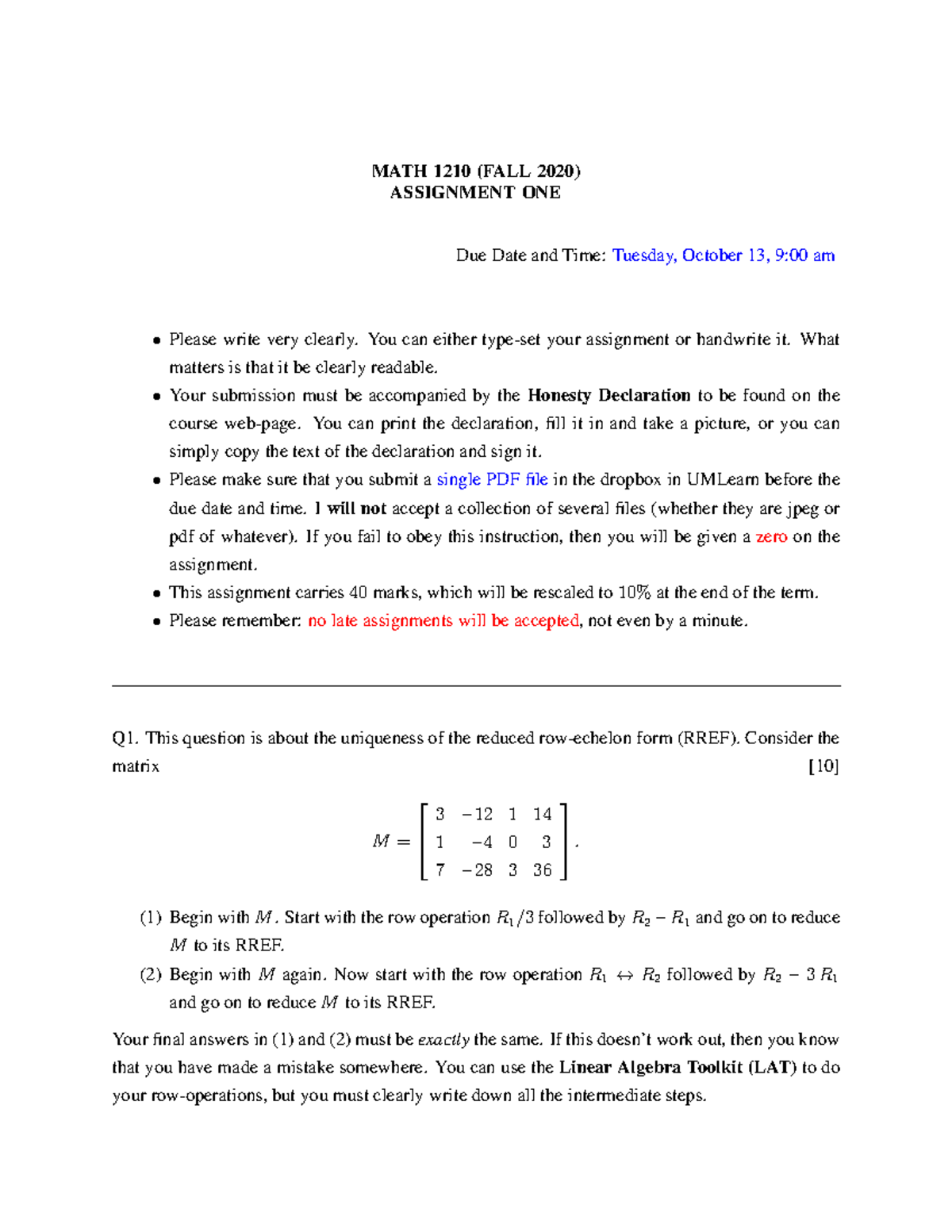 F20asst1 - Techniques Of Classical And Linear Algebra course material ...