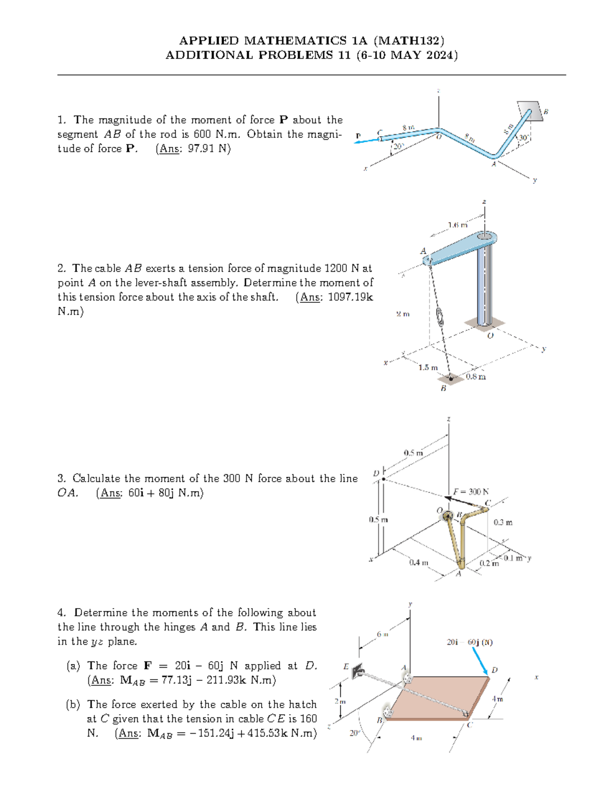 Additional Tutorial Problems 11 (2024) - APPLIED MATHEMATICS 1A (MATH132) ADDITIONAL PROBLEMS 11 ...