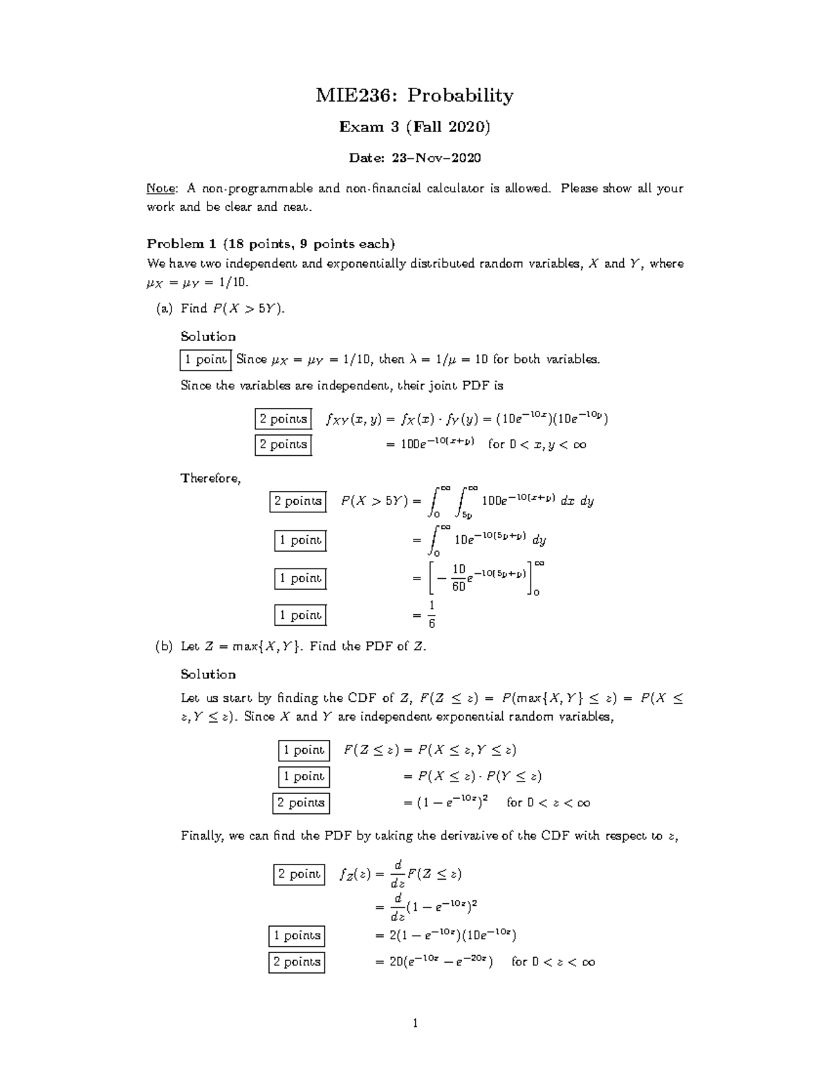 MIE236H1 2020 Exam 3 Solutions - MIE236: Probability Exam 3 (Fall 2020 ...