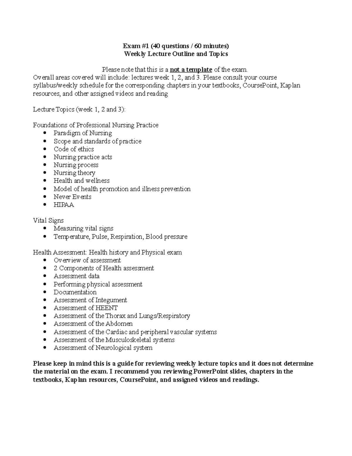 Exam #1 Lecture topics and outline FON - Exam #1 (40 questions / 60 ...
