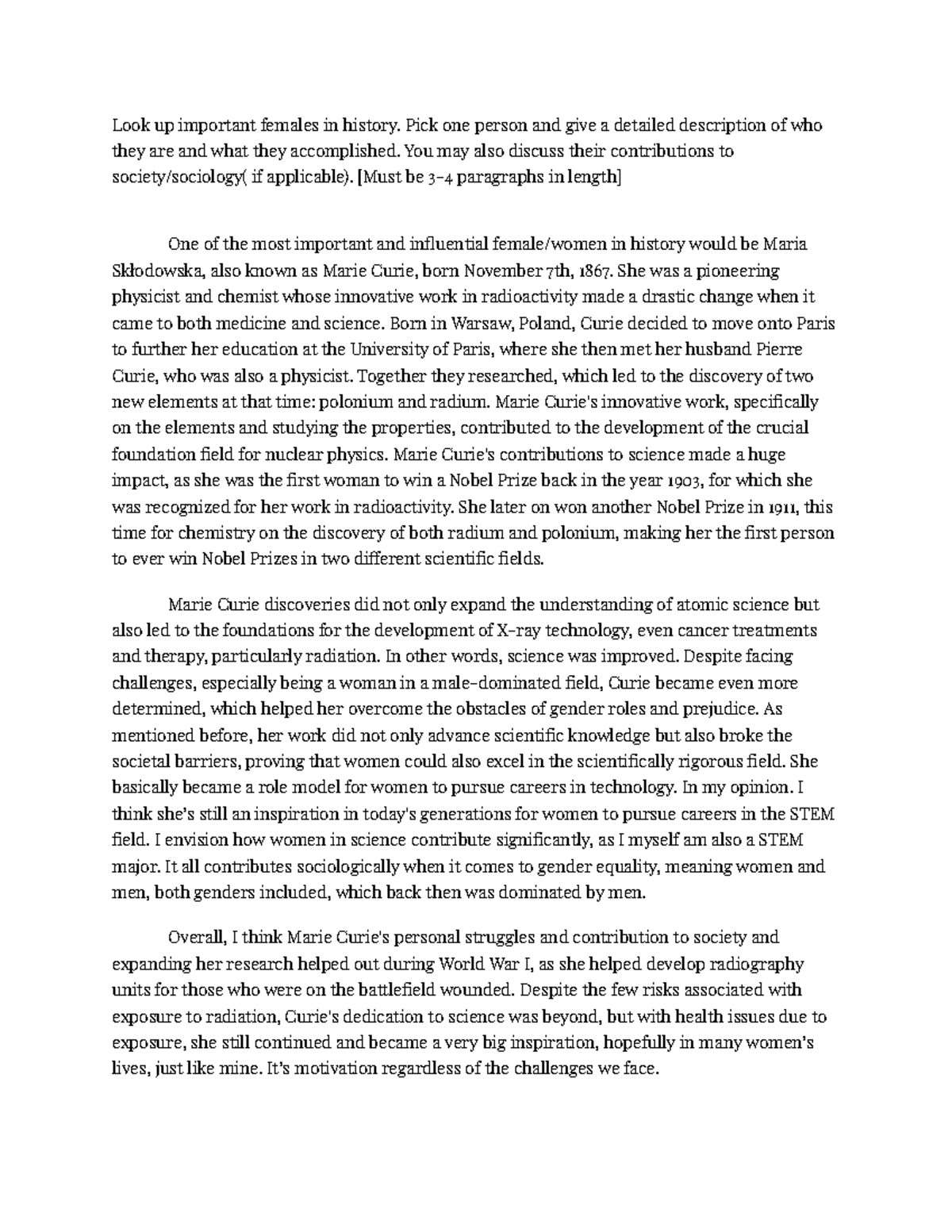 Gender Assignment - Look up important females in history. Pick one ...