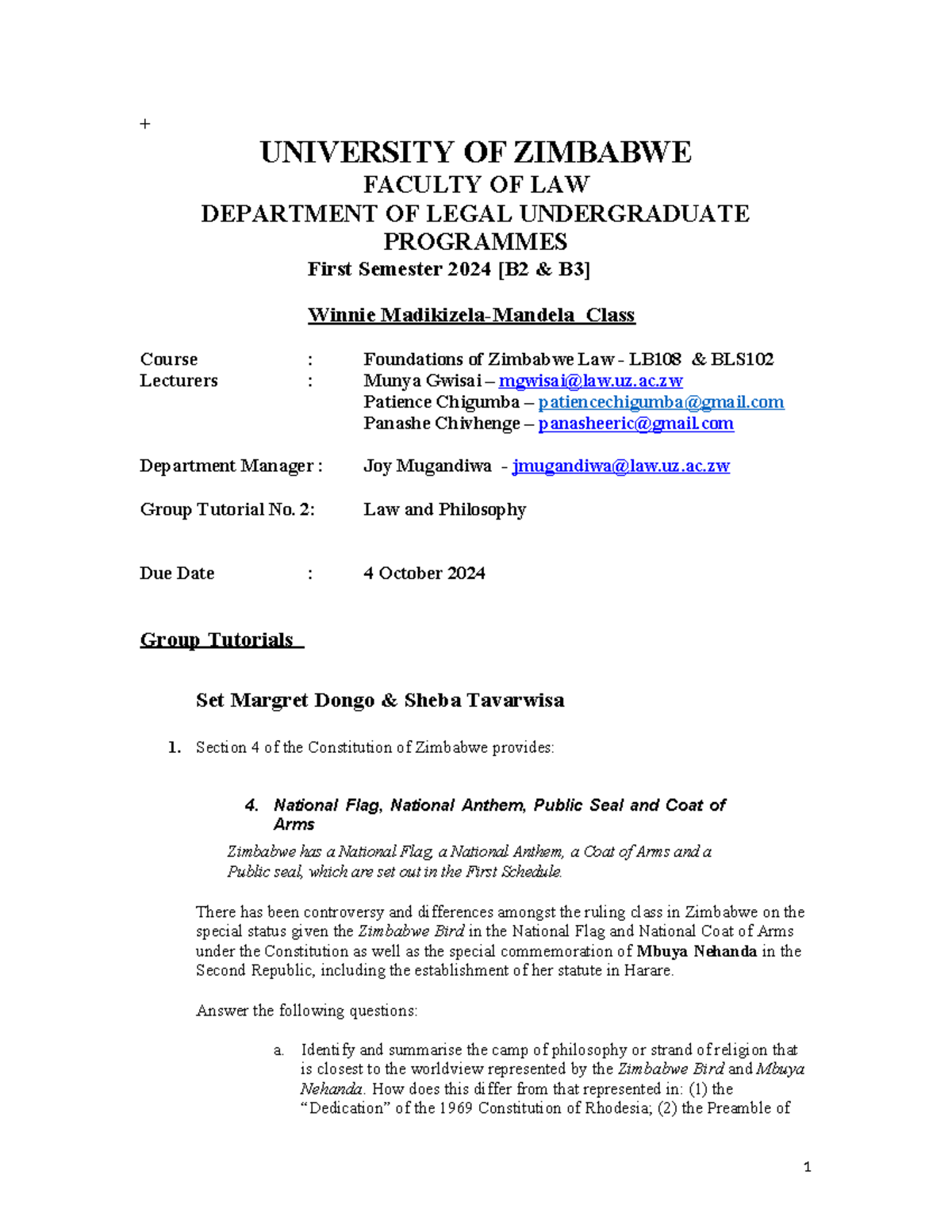 FZL 2024 Group Tutorial No. 2 Philosophy and Law 1 October 2024 ...