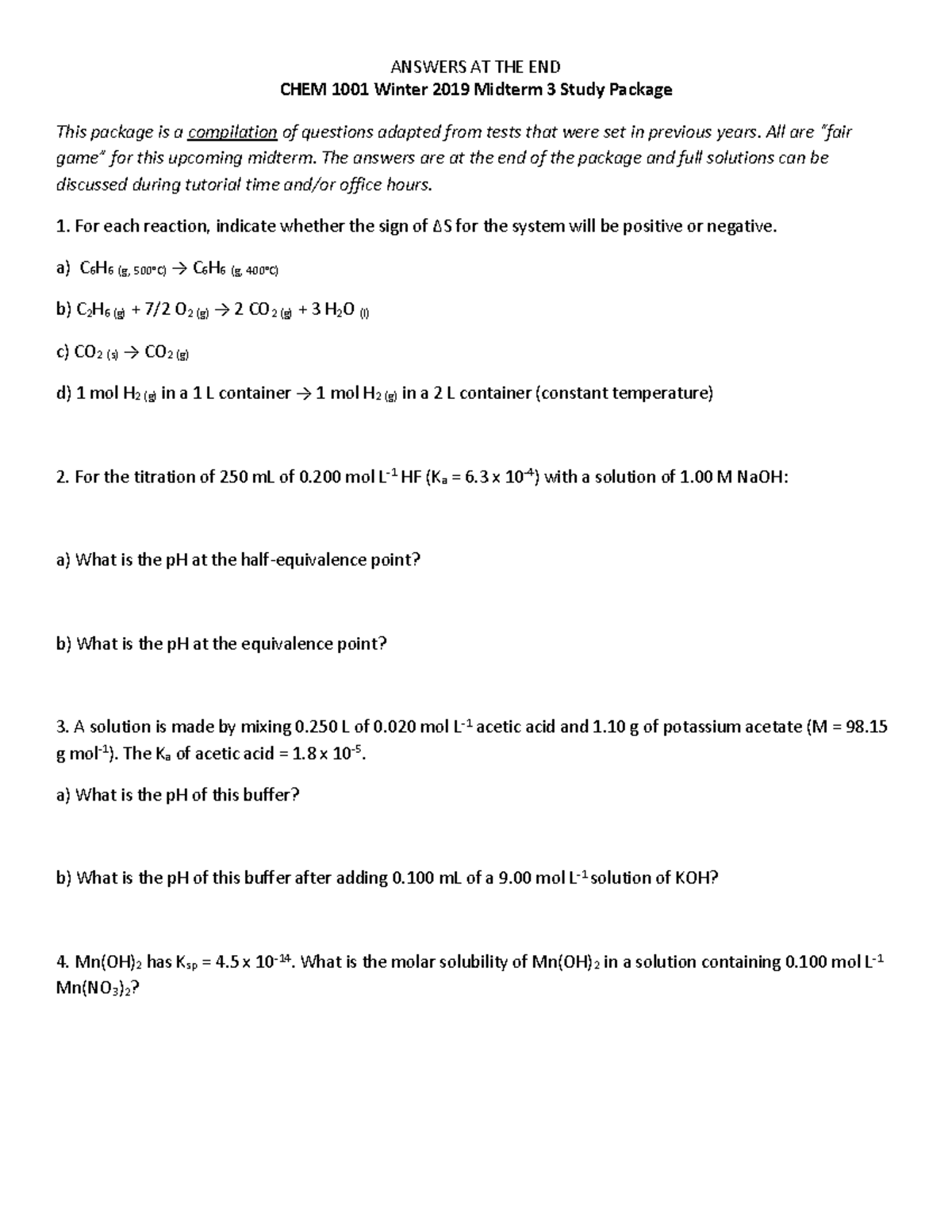 CHEM1001 W2019 Midterm 3studypackage - CHEM 1001 Winter 2019 Midterm 3 Study Package This ...