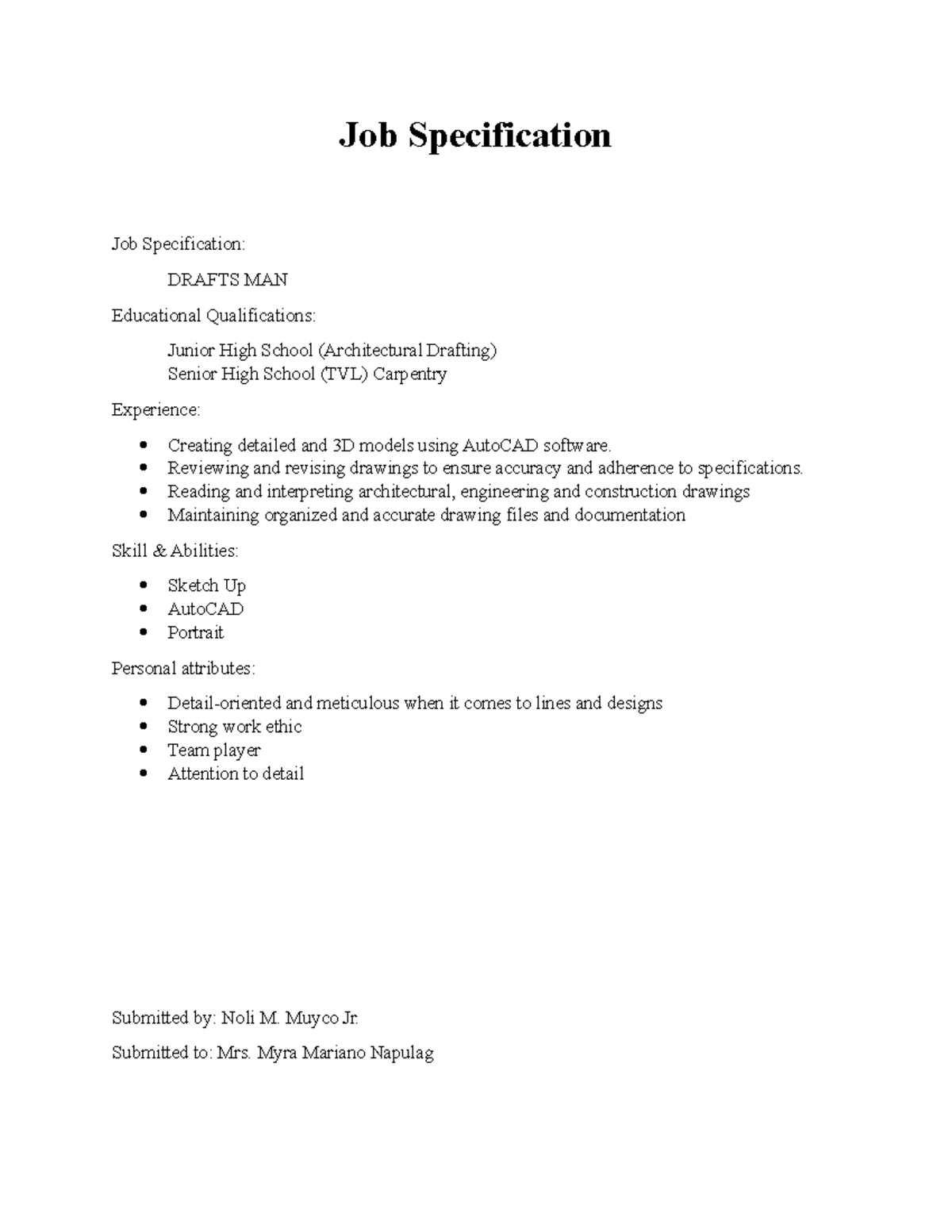 business permit - Job Specification Job Specification: DRAFTS MAN ...
