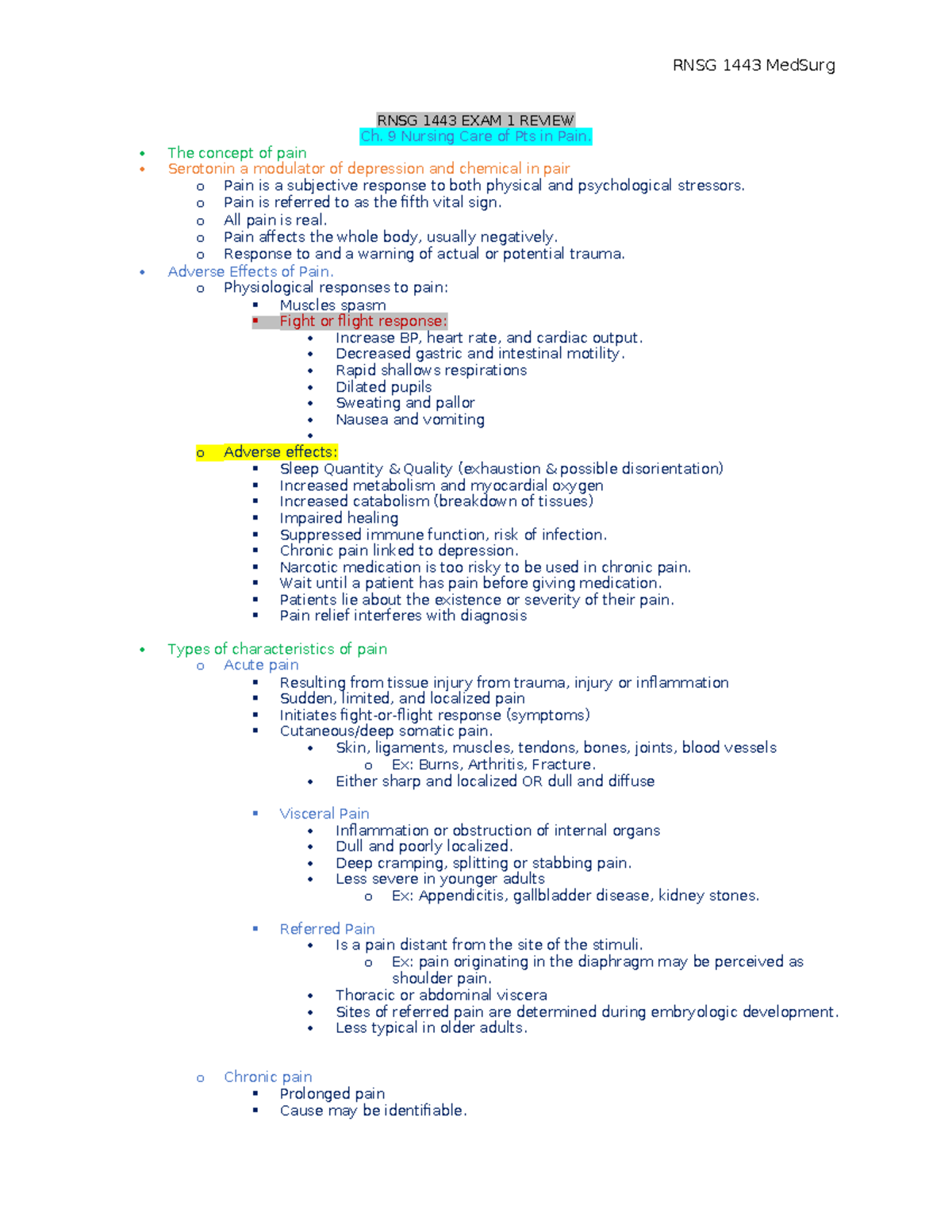 RNSG 1443 MY Review EXAM 1 - RNSG 1443 EXAM 1 REVIEW Ch. 9 Nursing Care ...