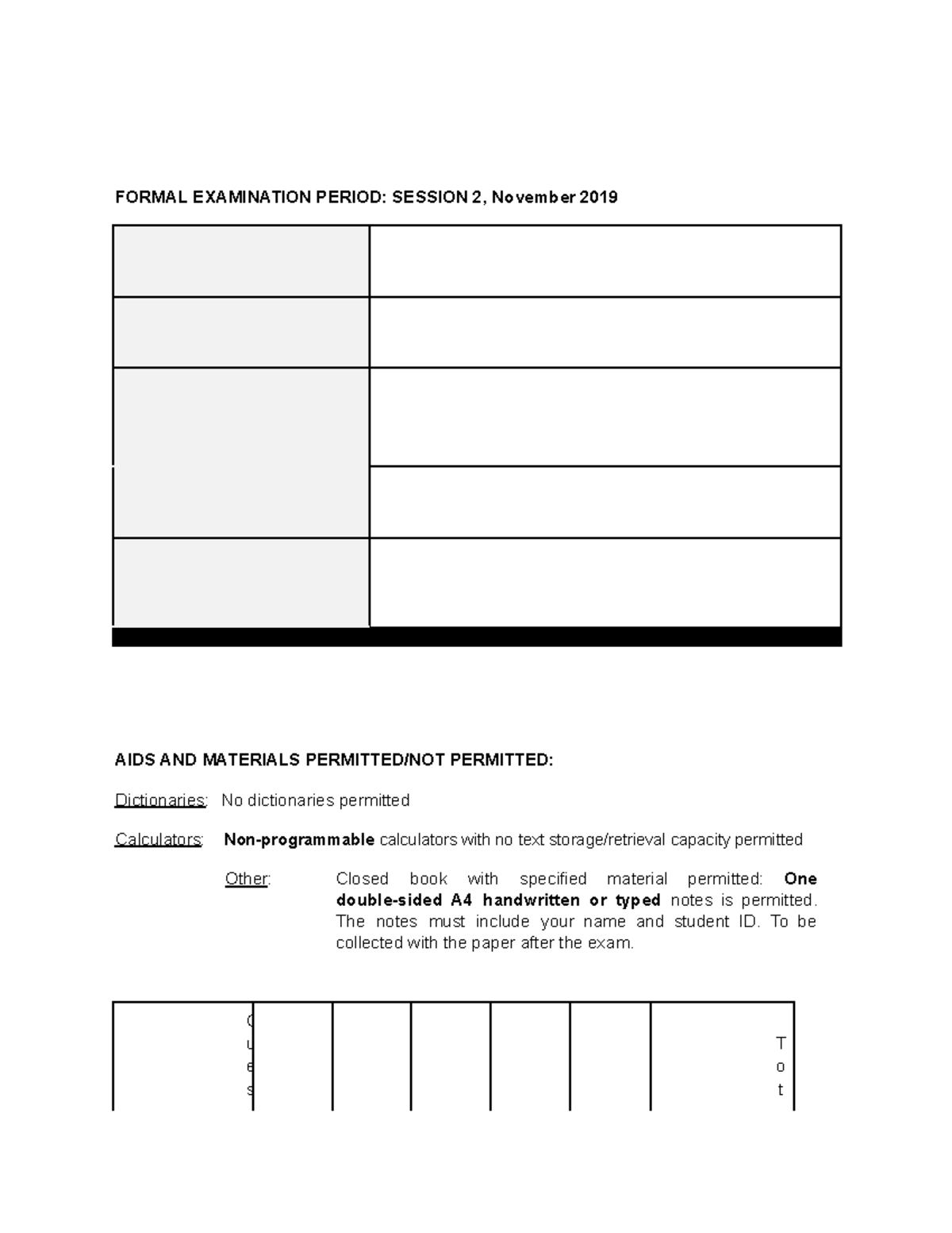 Formal Examination Period Session 2, November 2019 - FORMAL EXAMINATION ...