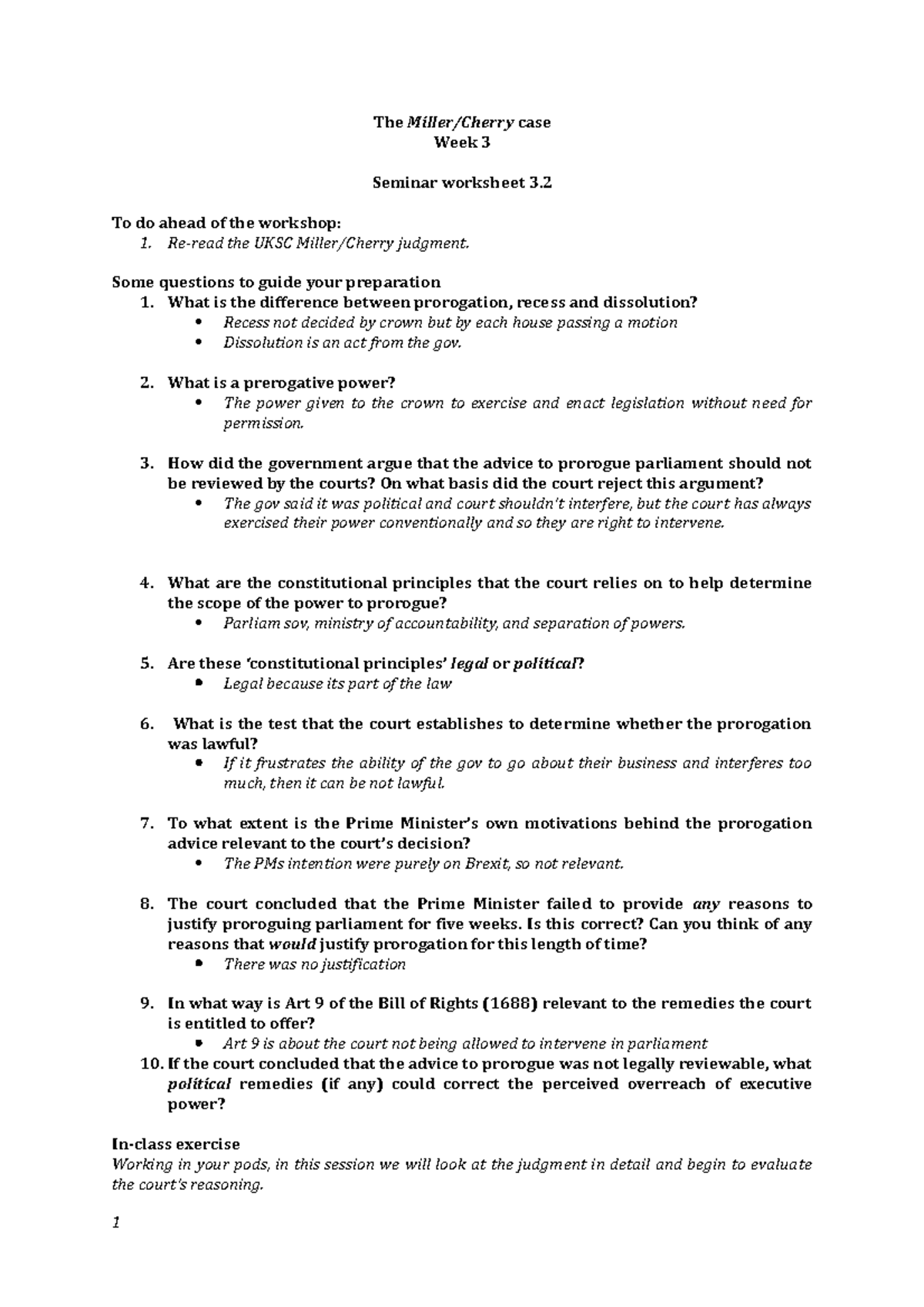 Seminar 3.2 LAW State - The Miller/Cherry case Week 3 Seminar worksheet ...