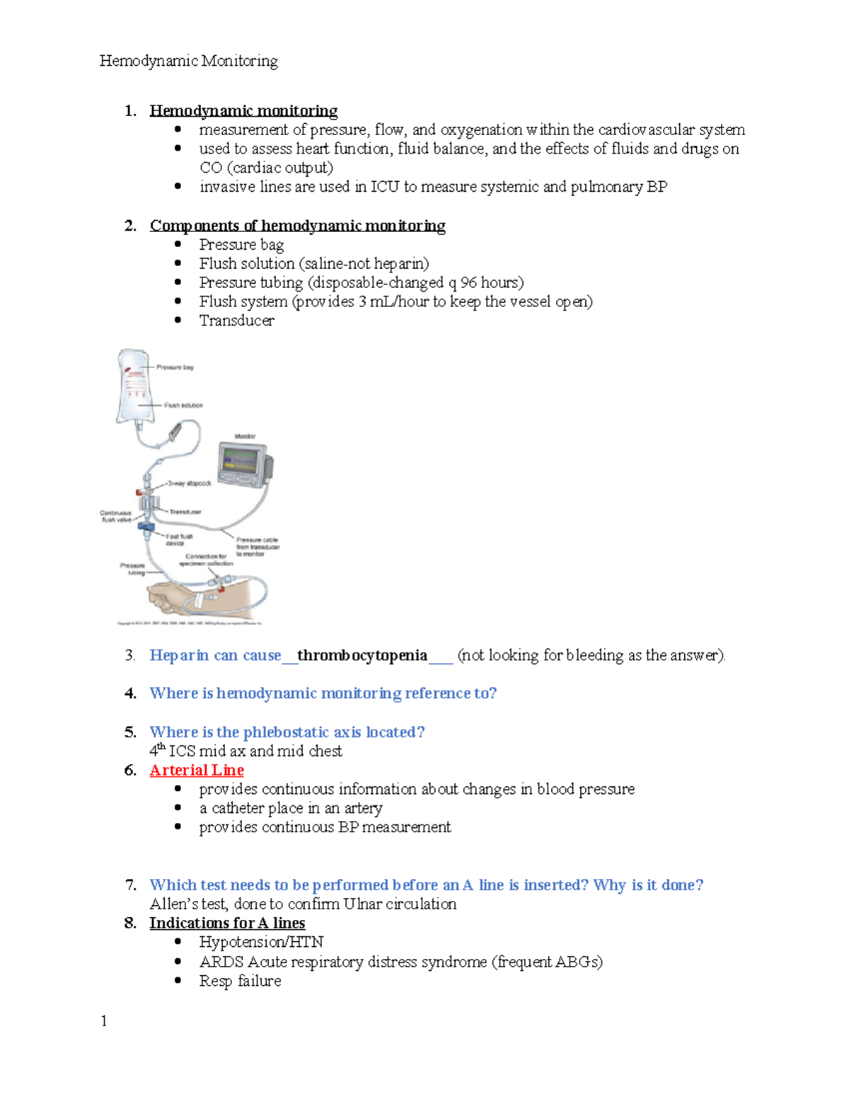 Hemodynamic monitoring worksheet-1 - Hemodynamic monitoring measurement ...