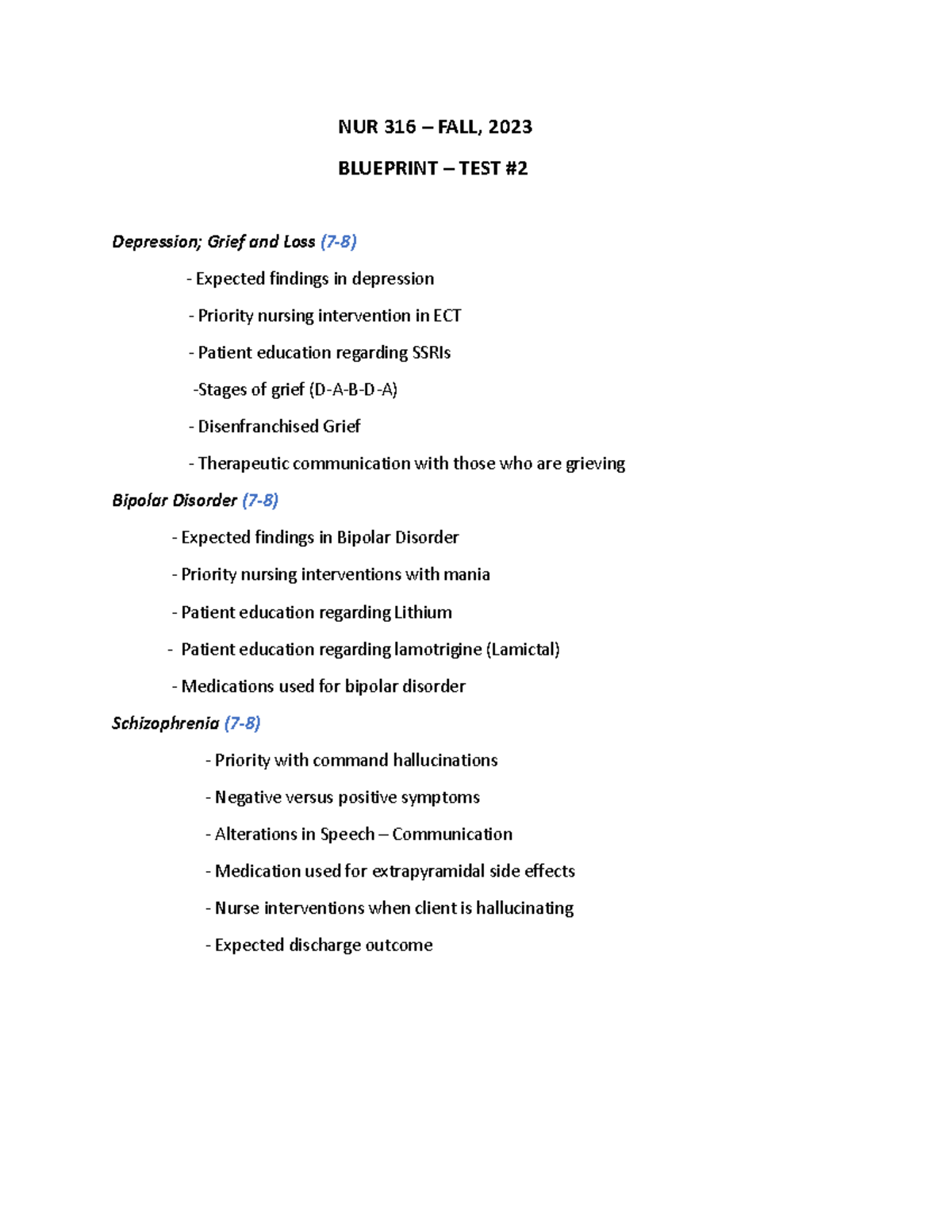 NUR 316 Test 2 Blueprint Fall 2023 - NUR 316 – FALL, 2023 BLUEPRINT ...