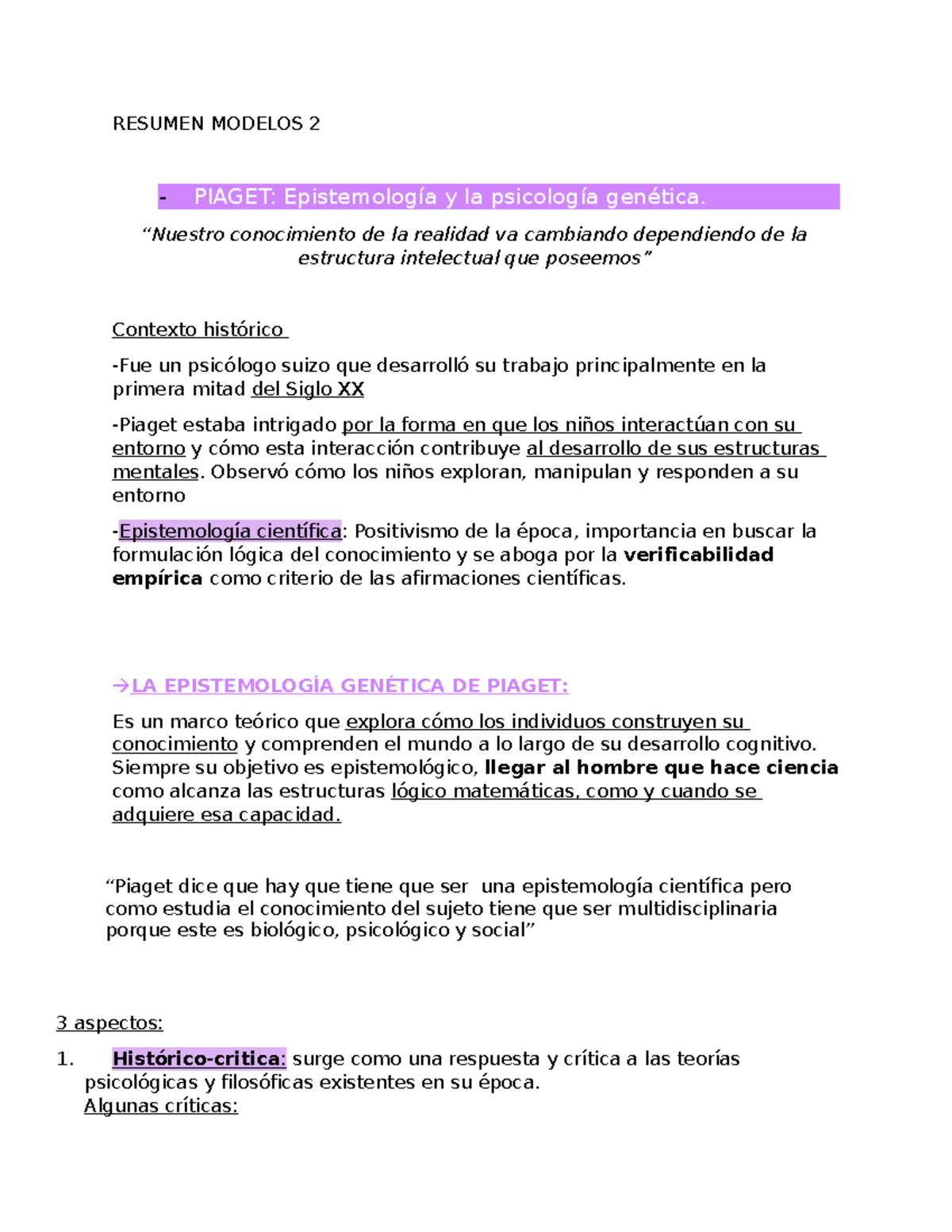 Resumen modelos 2 - RESUMEN MODELOS 2 - PIAGET: Epistemología y la ...