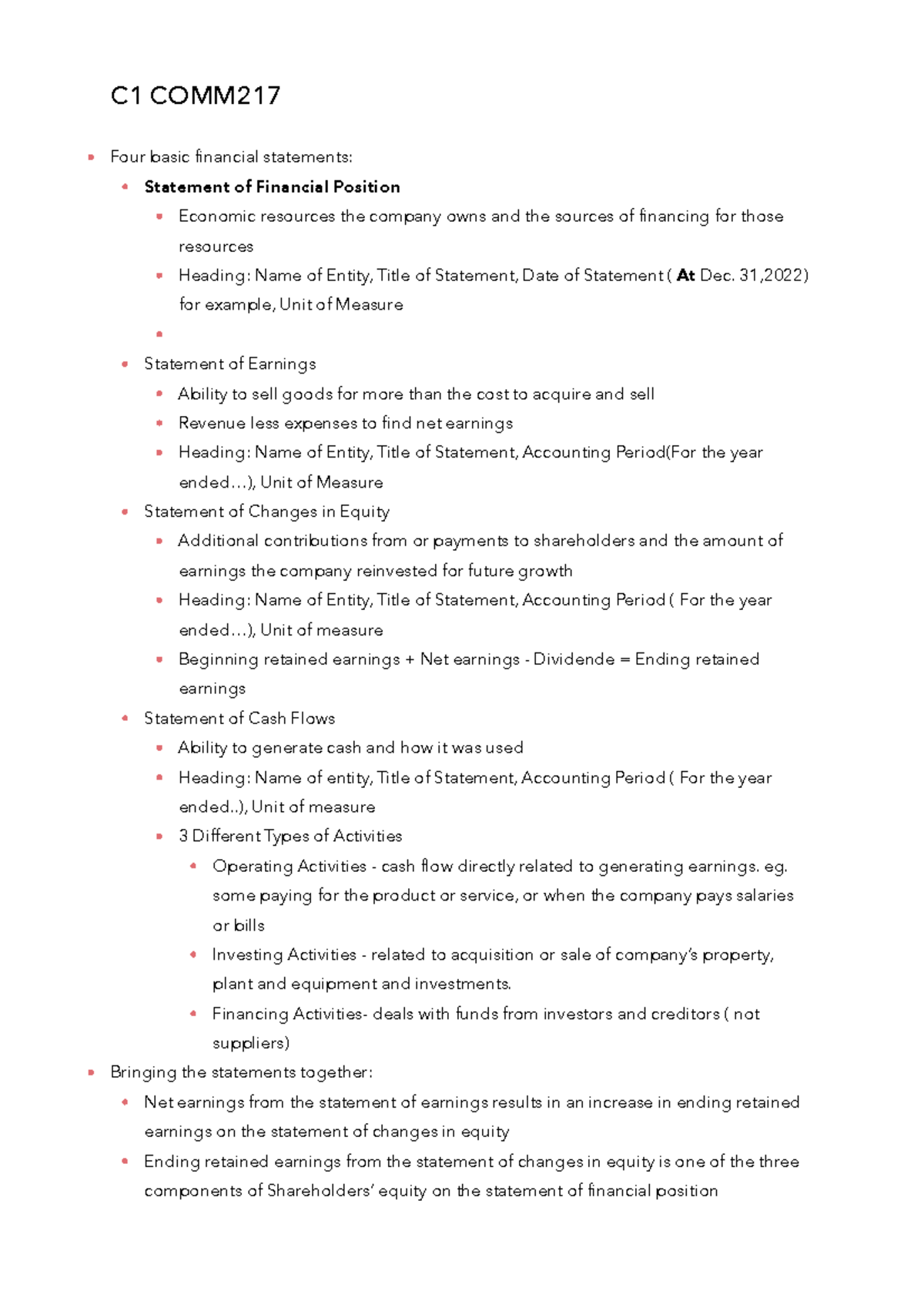 C1 COMM217 - C1 COMM Four basic financial statements: Statement of ...