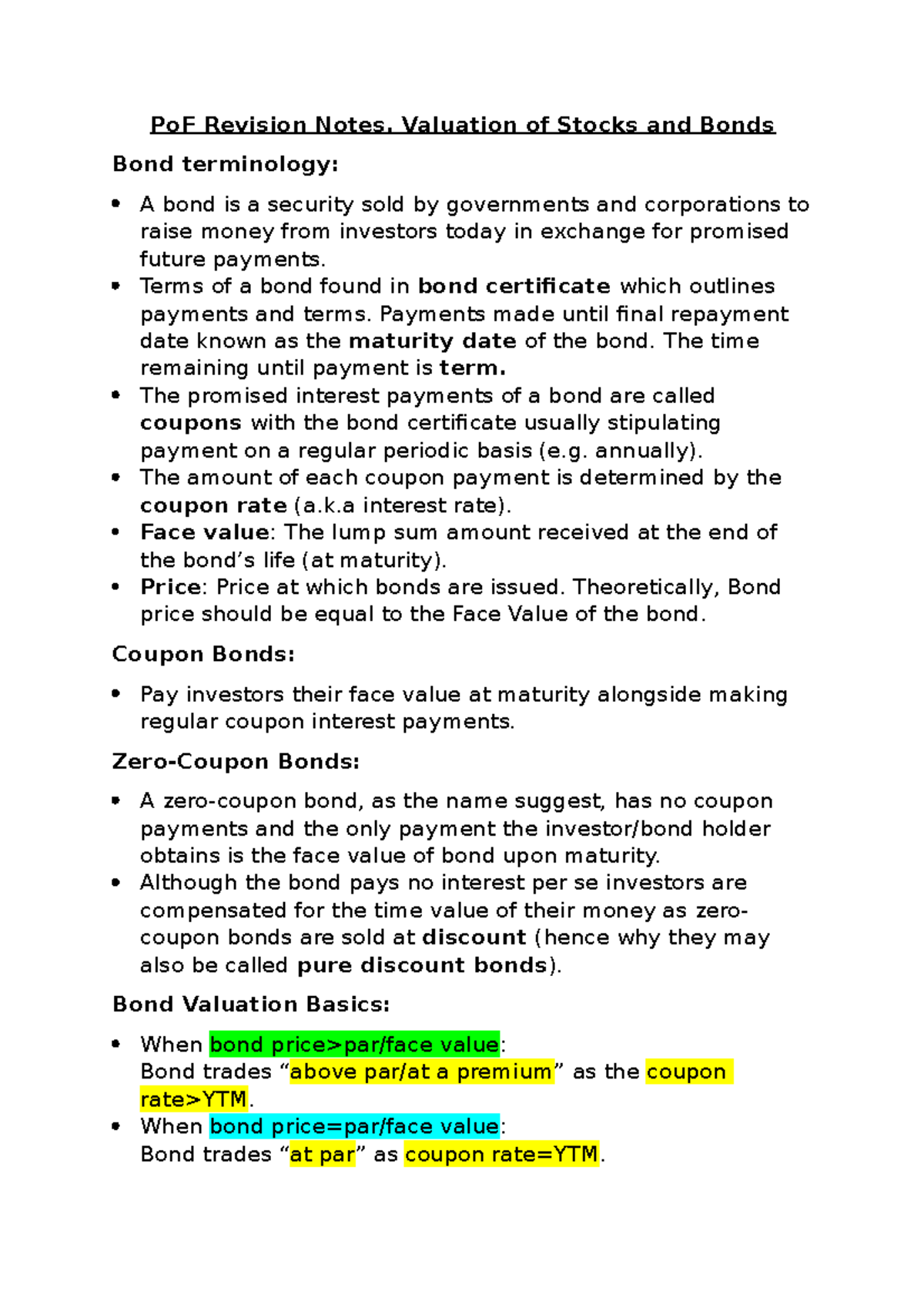 Po F Revision Notes 3, Valuation of Bonds and Shares - PoF Revision ...
