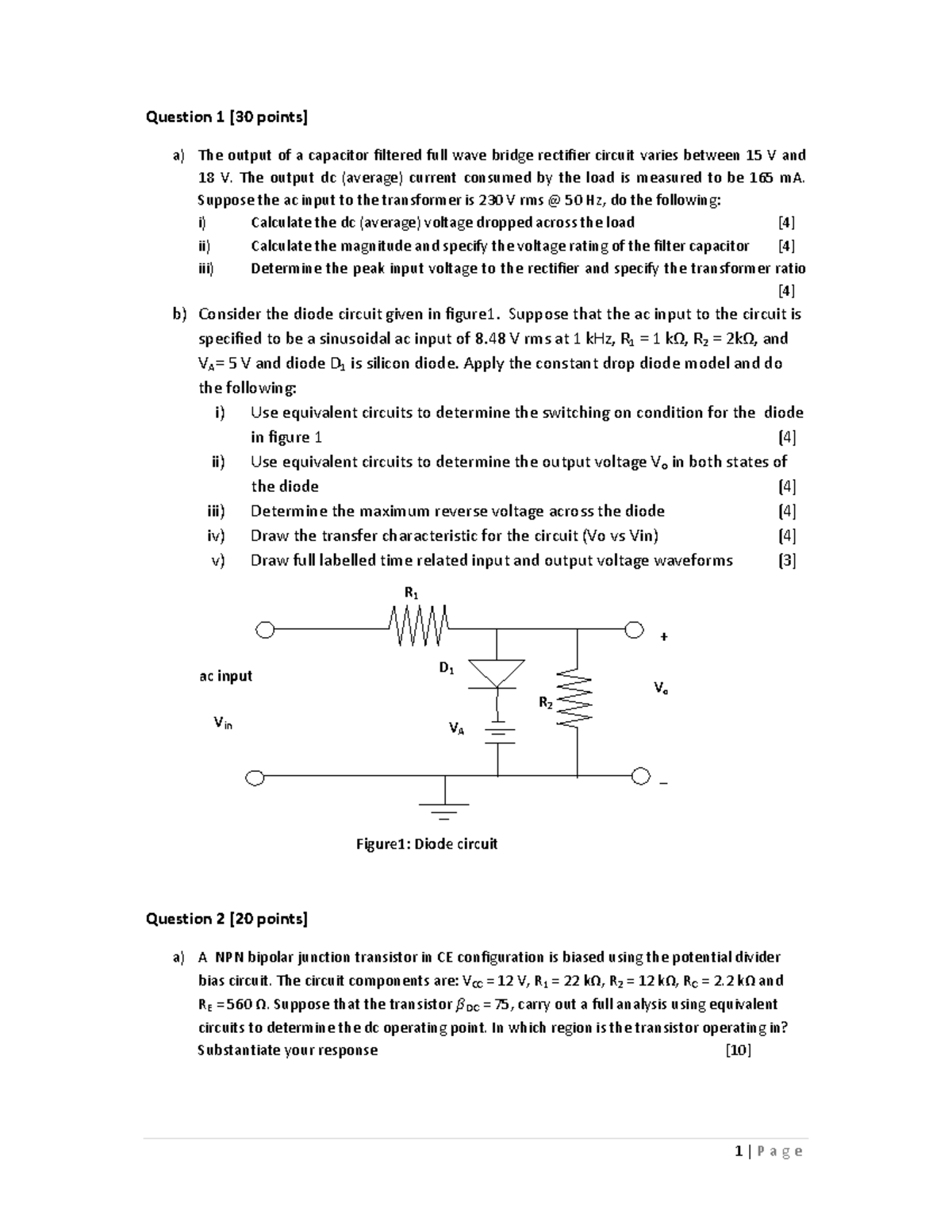 Electrical engineering diodes assignment - Question 1 [30 points] a ...