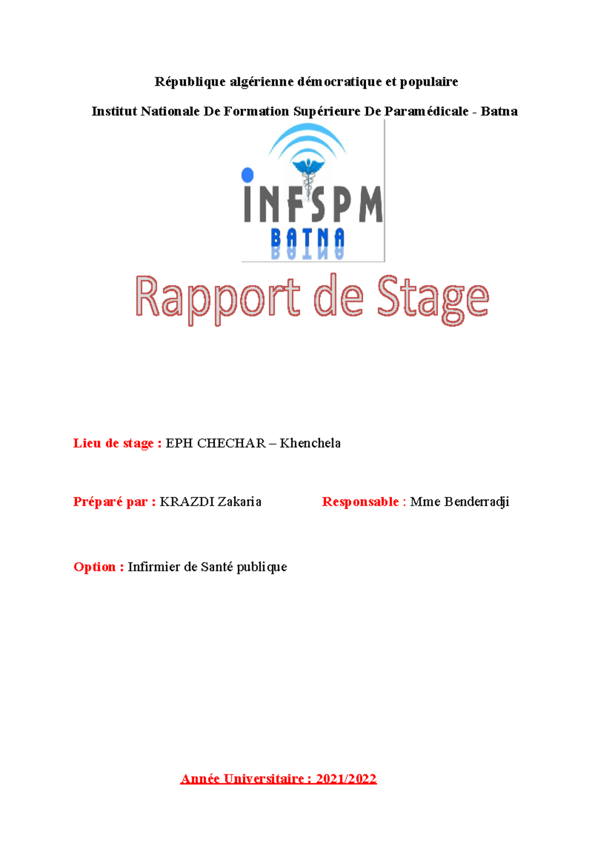 Rapport de stage - République algérienne démocratique et populaire ...