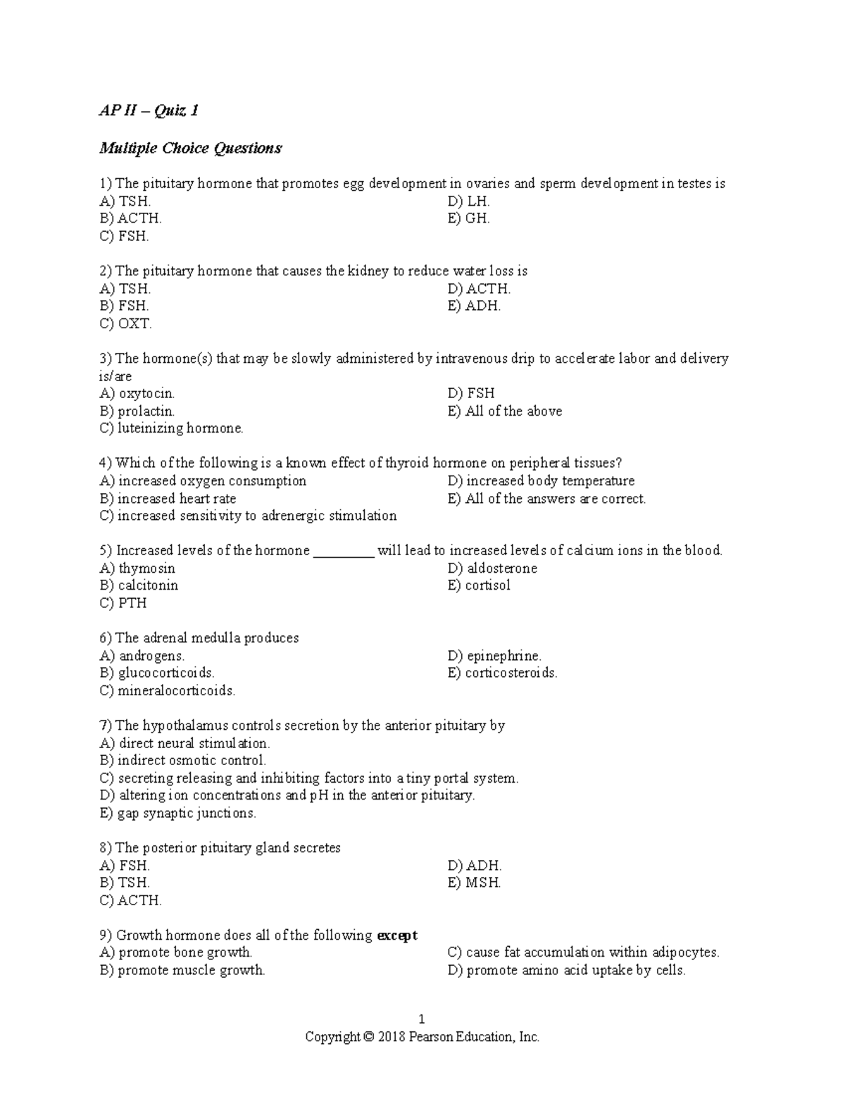 AP2 Q 1 - quiz - AP II – Quiz 1 Multiple Choice Questions The pituitary ...