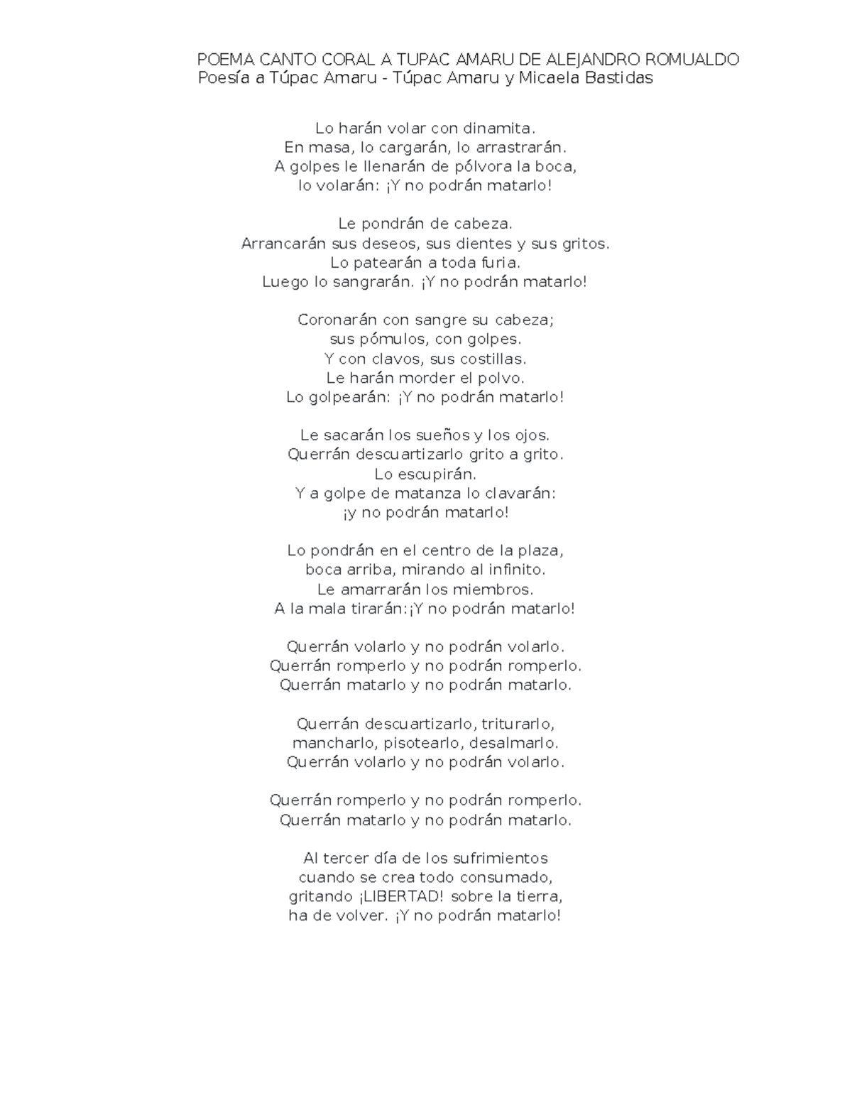 Poema Canto Coral A Tupac Amaru DE Alejandro Romualdo - POEMA CANTO ...