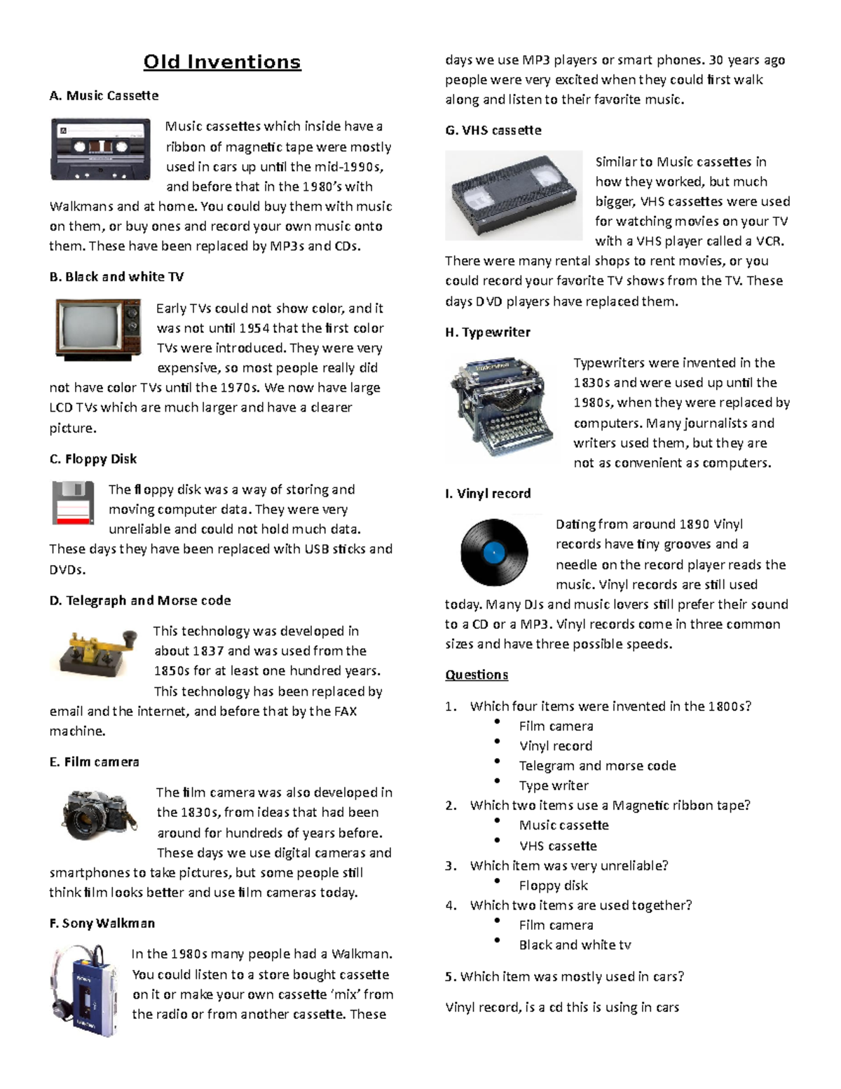 Old inventions reading comprehension exercise - Old Inventions A. Music ...