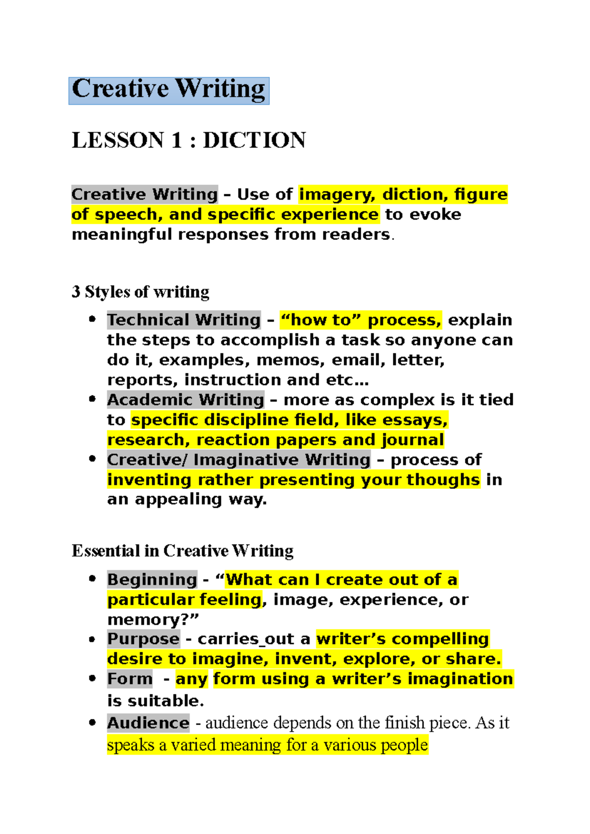 Creative-Writing - Advance notes - Creative Writing LESSON 1 : DICTION ...