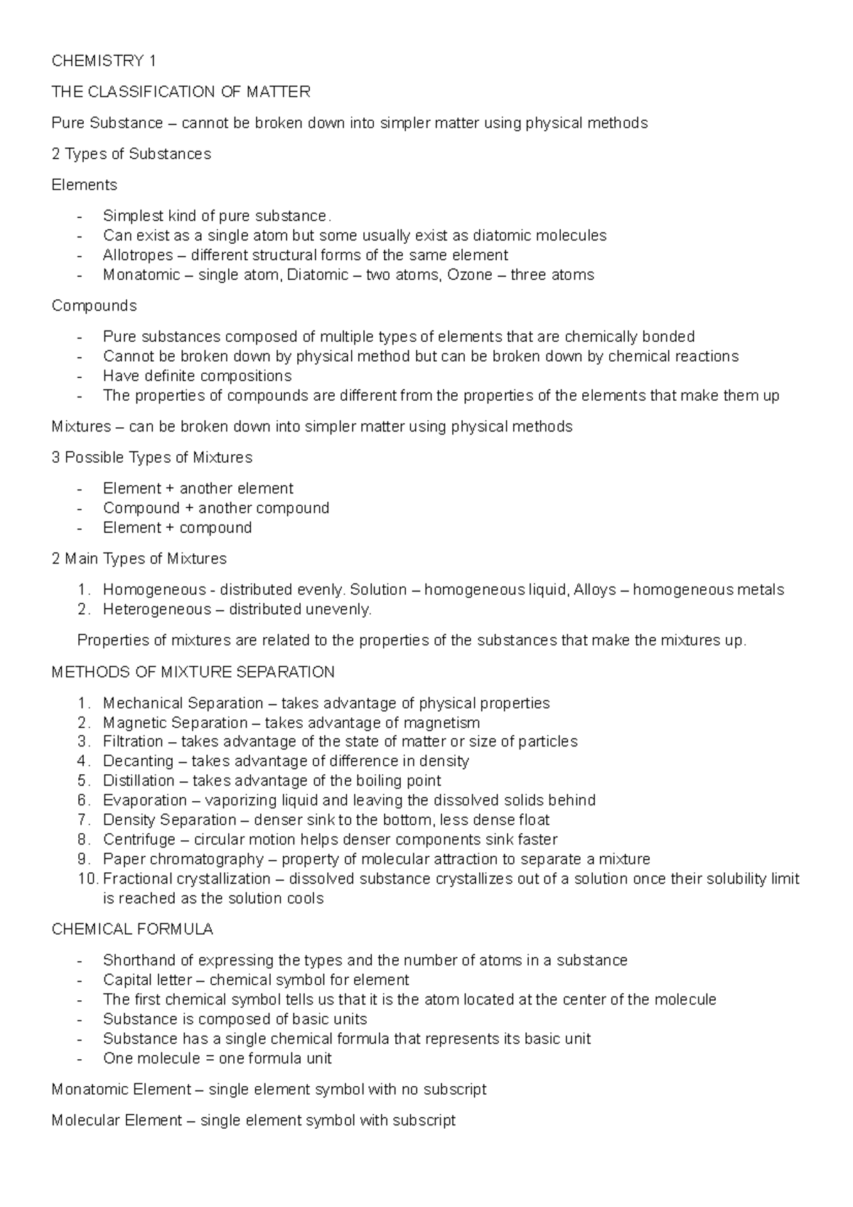 Chemistry 1 Reviewer - Classification of Matter Methods of Mixture ...