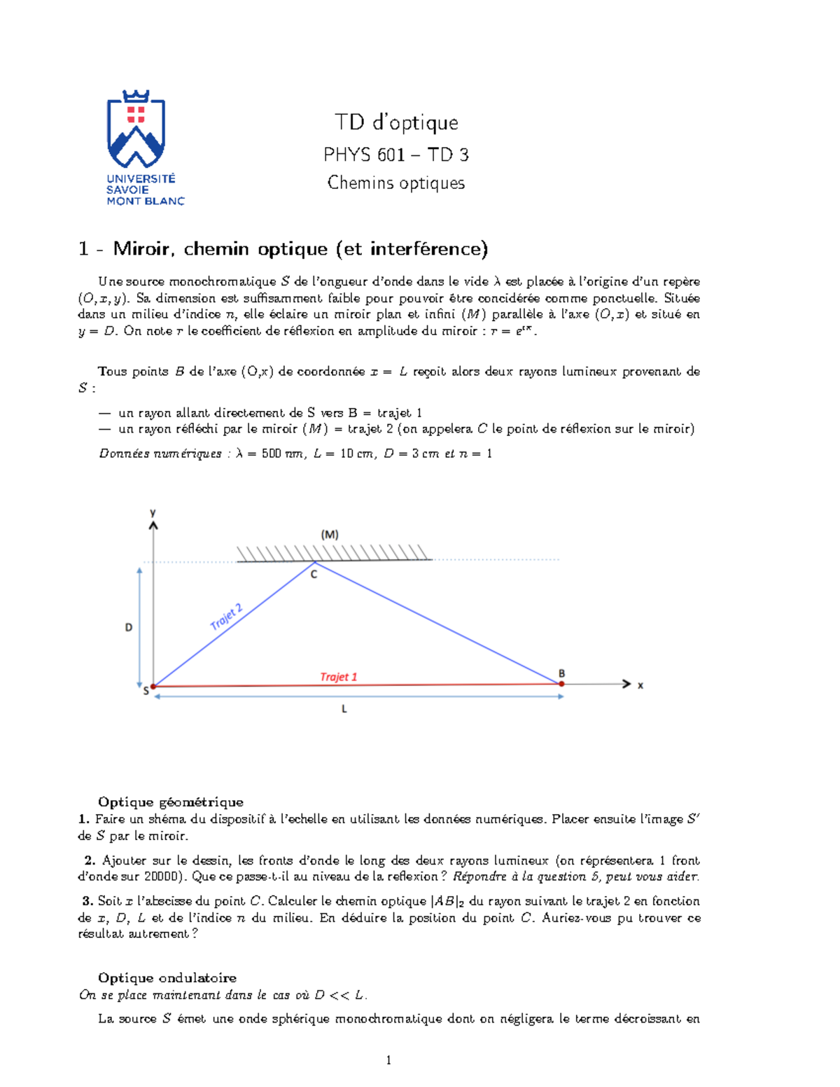 TD3 - TD3 - TD d’optique PHYS 601 – TD 3 Chemins optiques 1 - Miroir ...