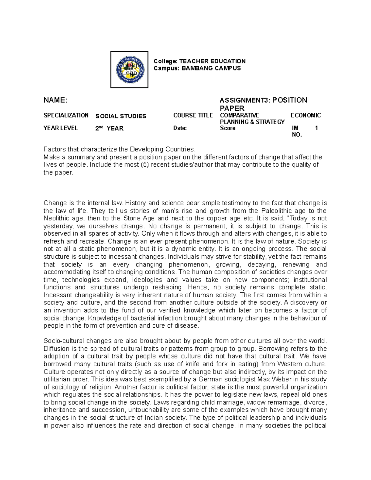 IM 3 Comparative Assignment - College: TEACHER EDUCATION Campus ...