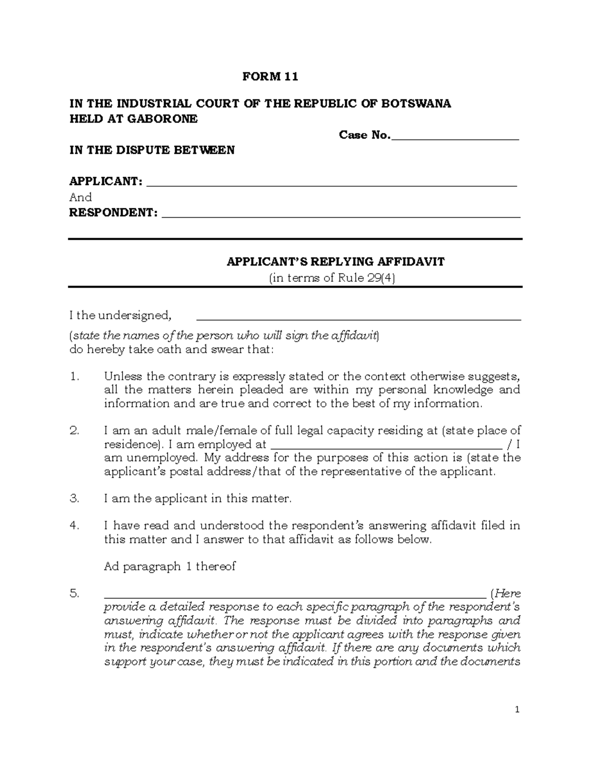 FORM 11- Applicant's Replying Affidavit - 1 FORM 11 IN THE INDUSTRIAL ...