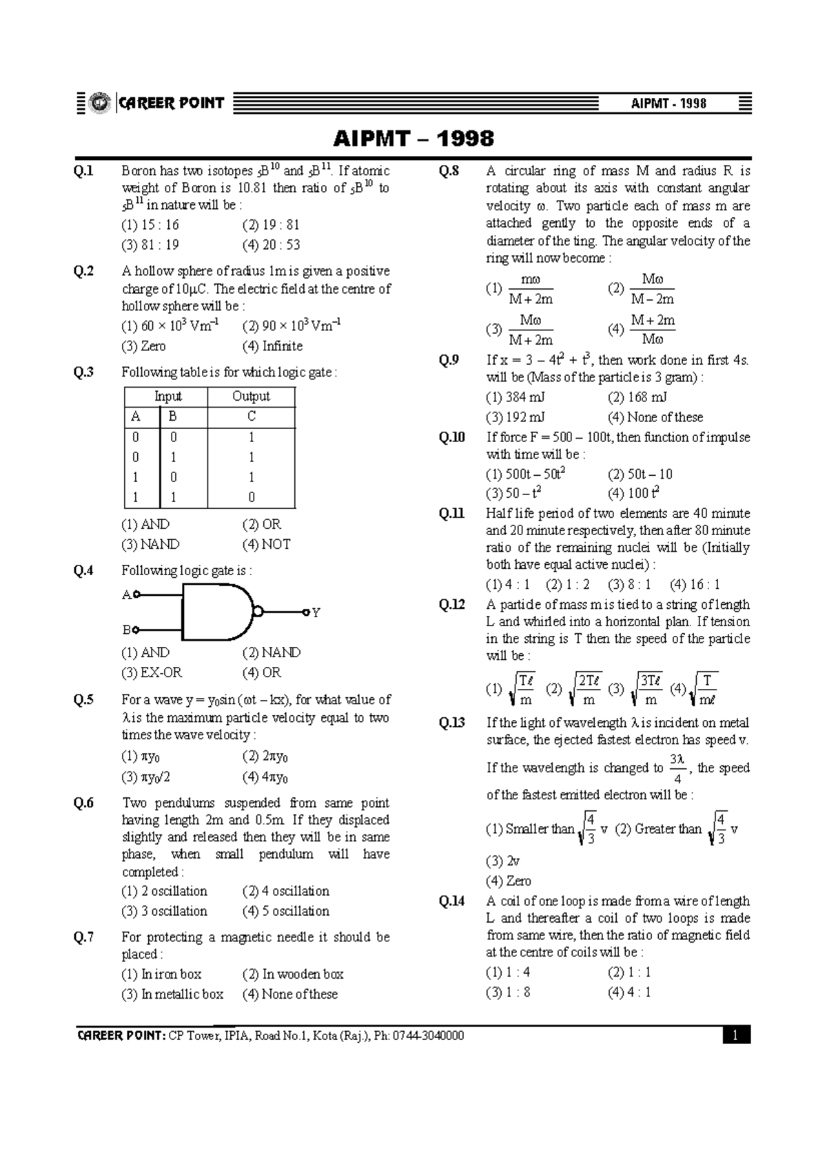 NEET 1998 PYP - DGHGH - AIPMT – 1998 Q Boron has two isotopes 5 B 10 ...
