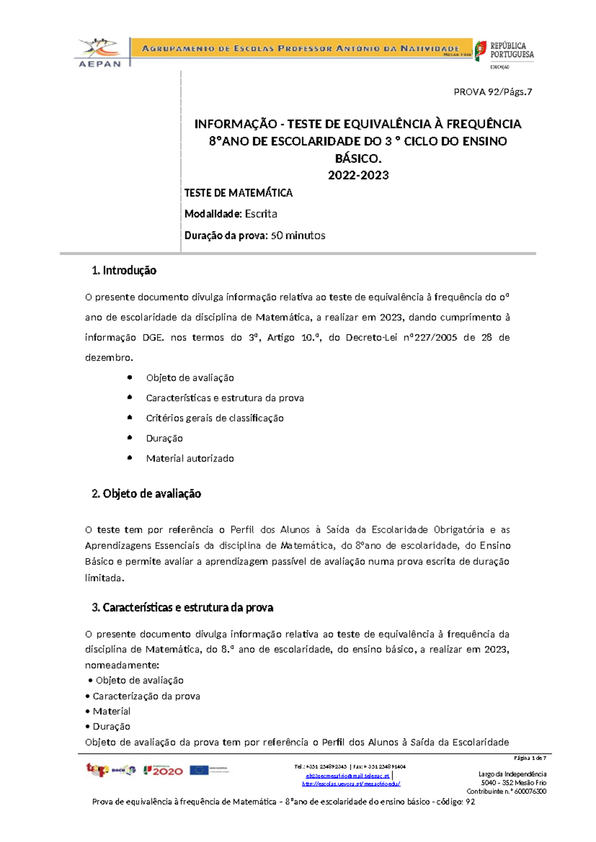 Inf prova 8ºano ma T - PROVA 92/Págs. INFORMAÇÃO - TESTE DE ...