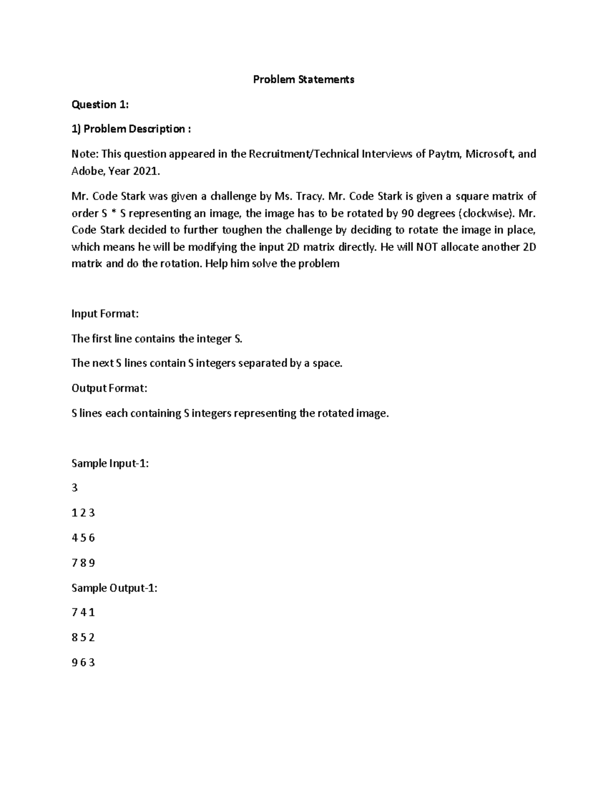 Problem solving Questions - Problem Statements Question 1: Problem ...