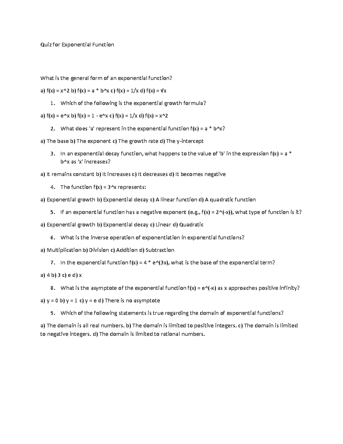Quiz for Exponential Function - Which of the following is the ...
