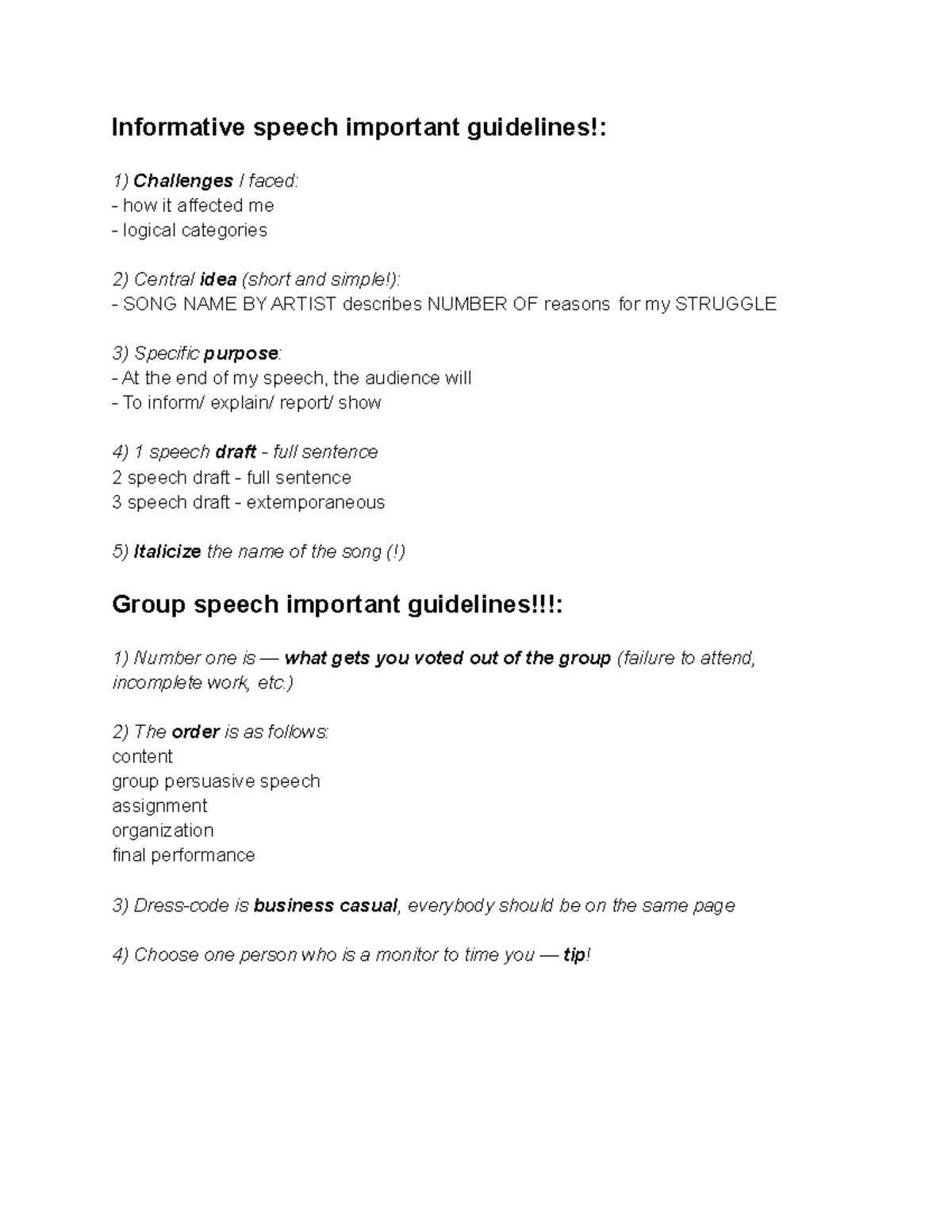Summary Assignment of Speech Guidelines - grade A - Informative speech ...