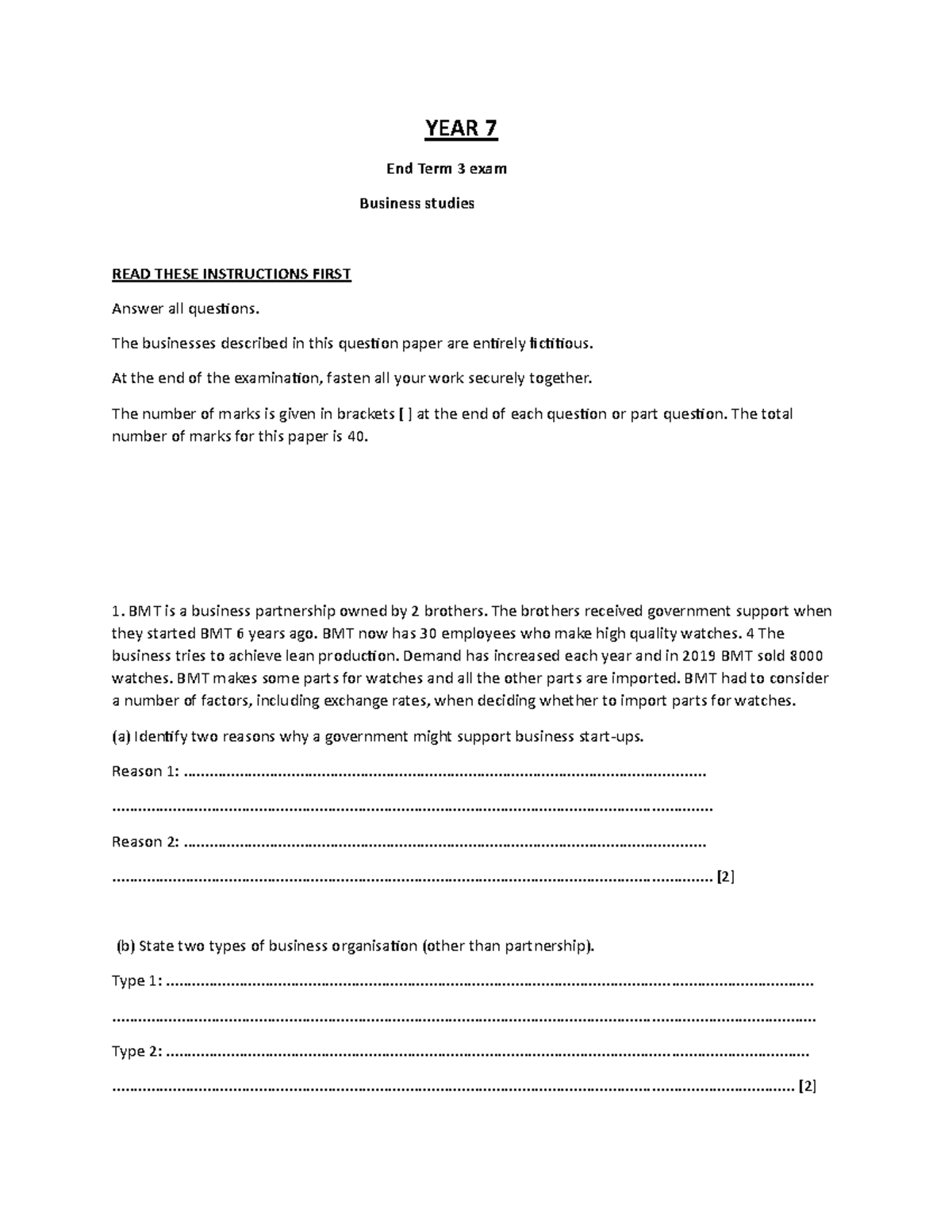 Year 7 Business Studies End Term 3 - YEAR 7 End Term 3 exam Business ... Year 7 Business Studies End Term 3 - YEAR 7 End Term 3 exam Business ...