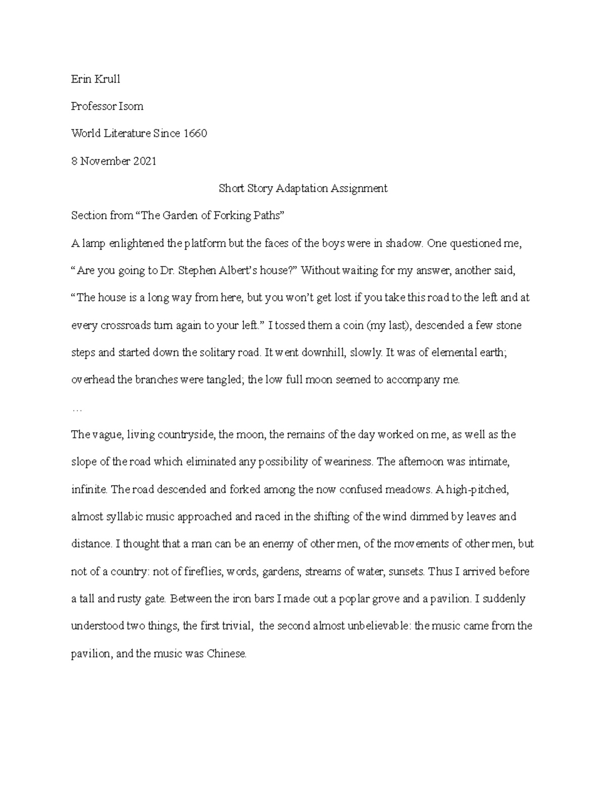 Short Story Adaptation Assignment - Erin Krull Professor Isom World ...