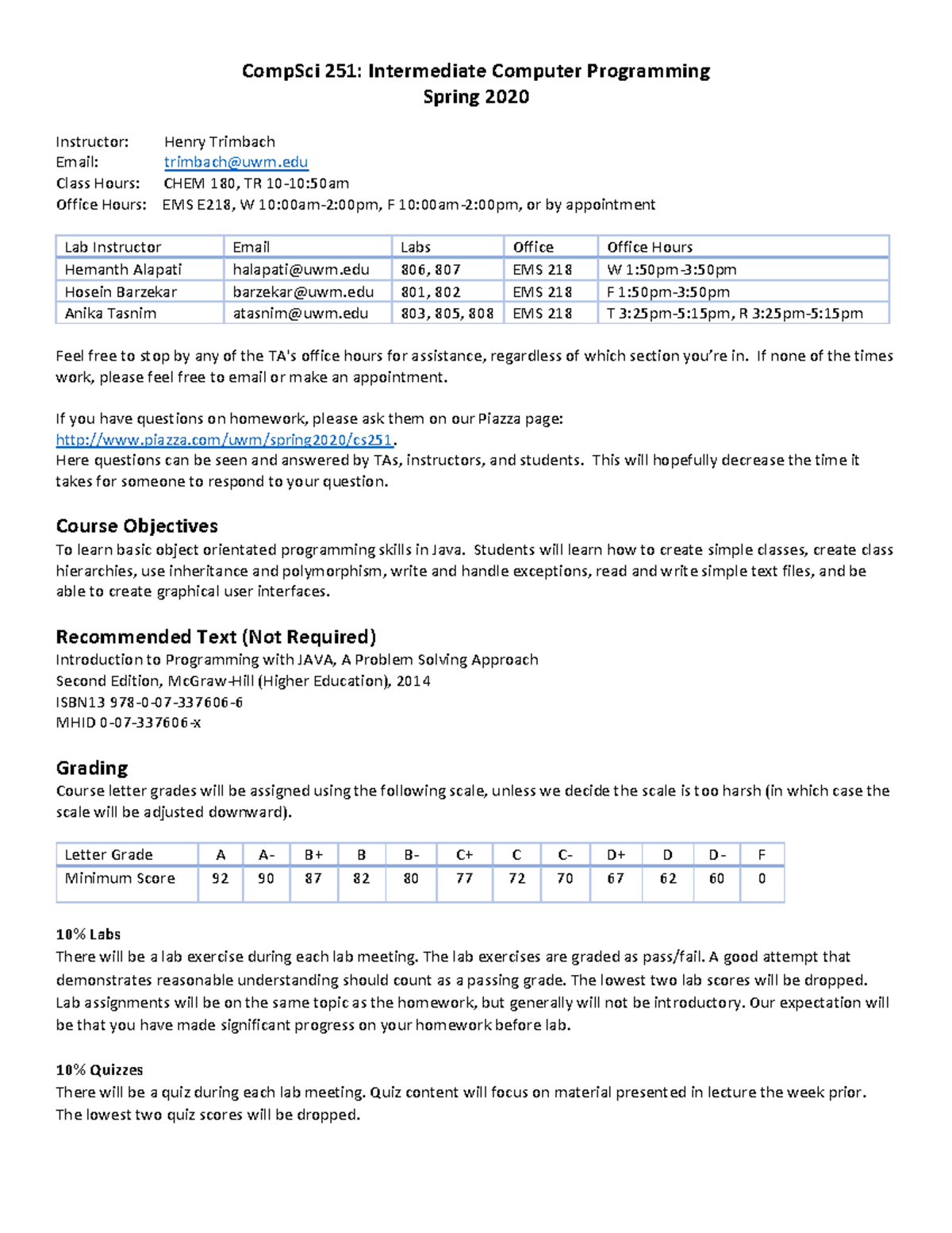Syllabus 251 - Spring 2020 - Warning: TT: undefined function: 32 Warning: TT: undefined function ...