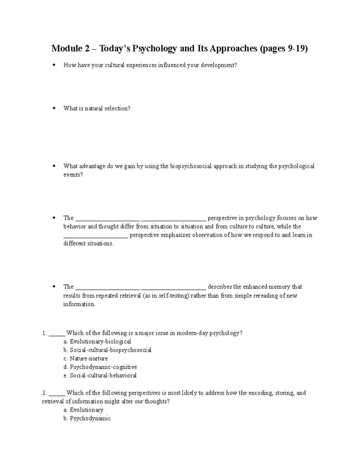 Module 2 pages 9-19 - Review - Module 2 – Today’s Psychology and Its ...