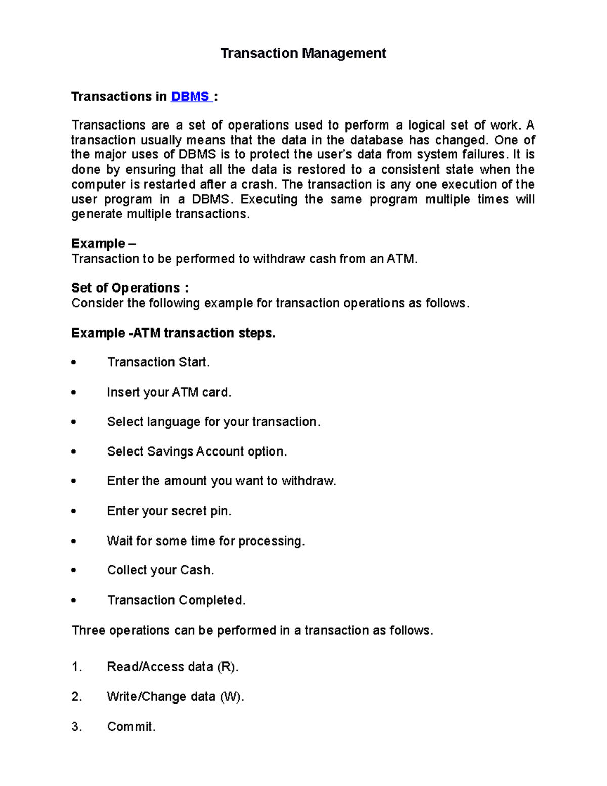UNIT 4 DBMS - Hdlanshsansialabsoa - Transaction Management Transactions in DBMS : Transactions ...