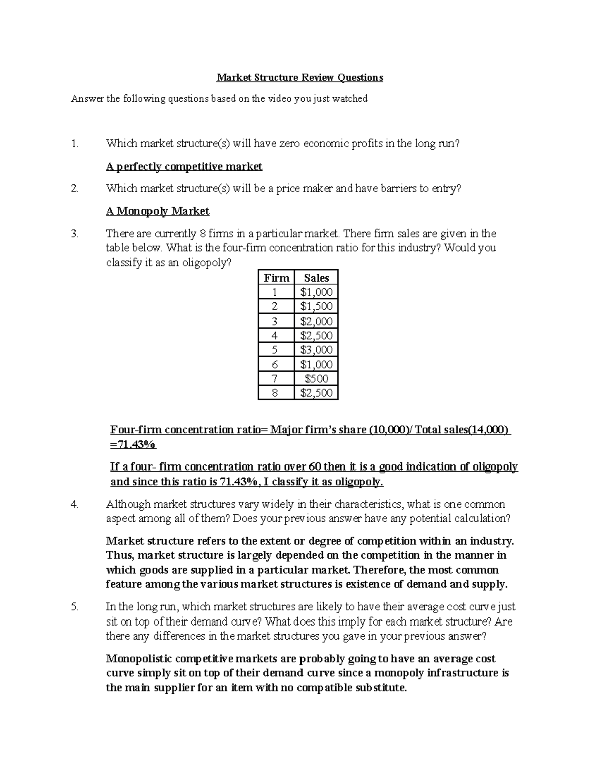 PFI BUS4476-Market Structure Review Questions - Market Structure Review ...