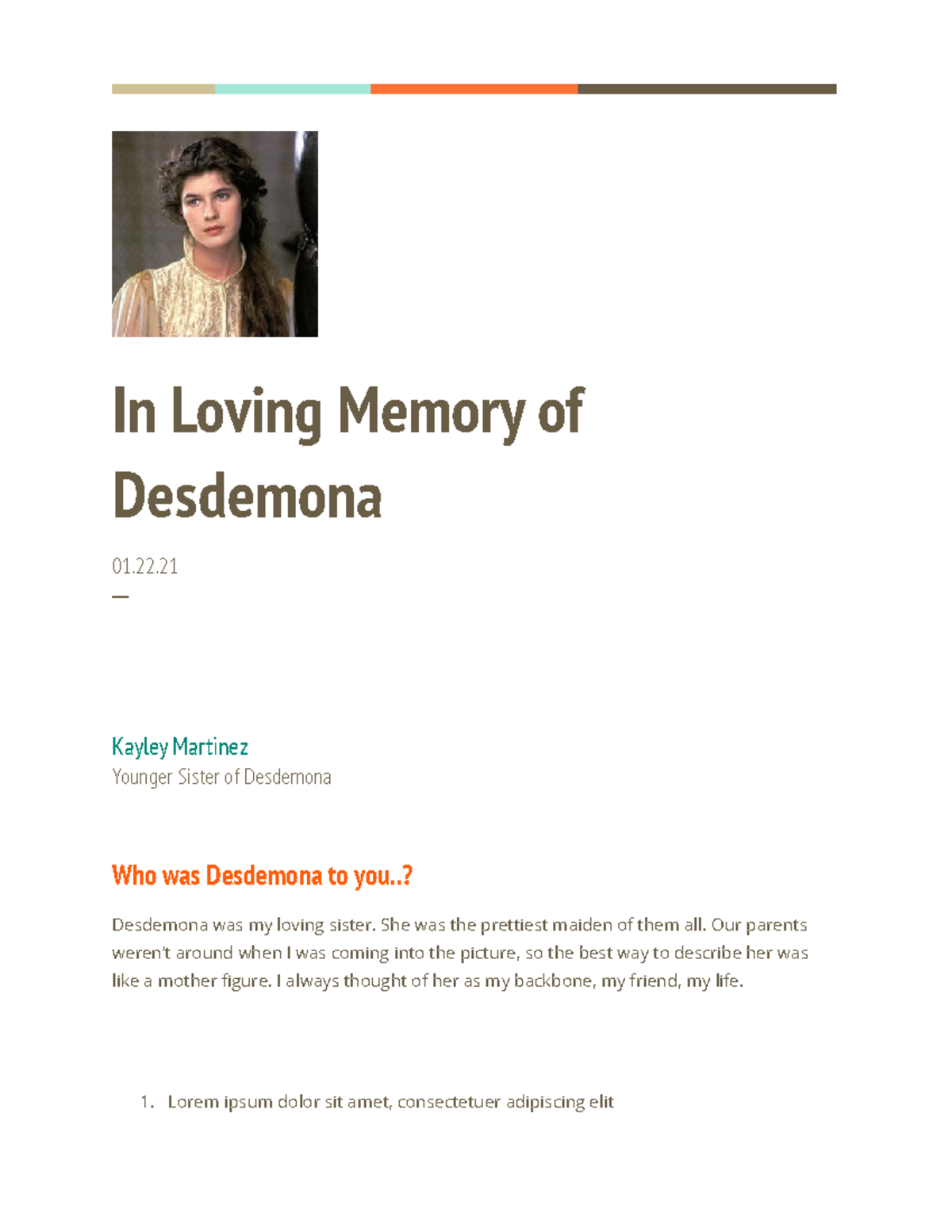 Project proposal - In Loving Memory of Desdemona 01. ─ Kayley Martinez ...